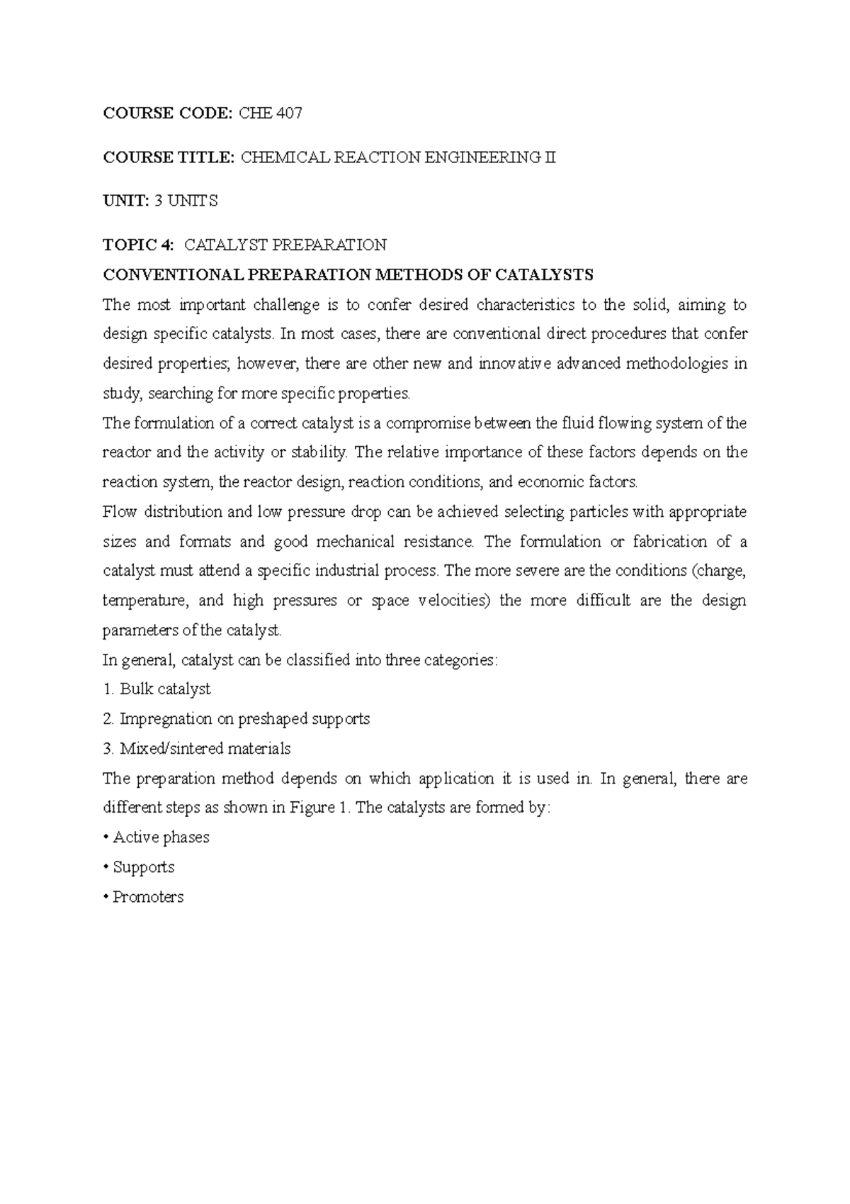 CHE 407 Lecture Note IV 2019 2020 assignment - COURSE CODE: CHE 407 ...