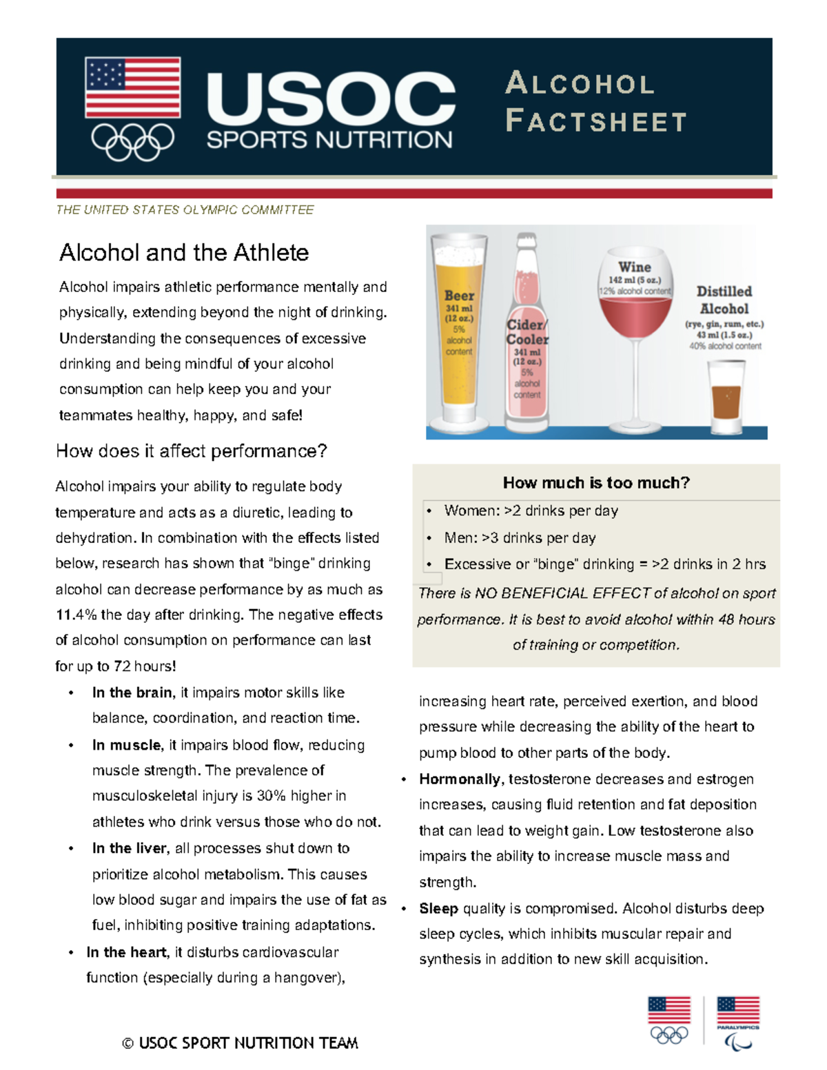 USOC Alcohol Fact Sheet (2015 ) - © USOC SPORT NUTRITION TEAM - Studocu