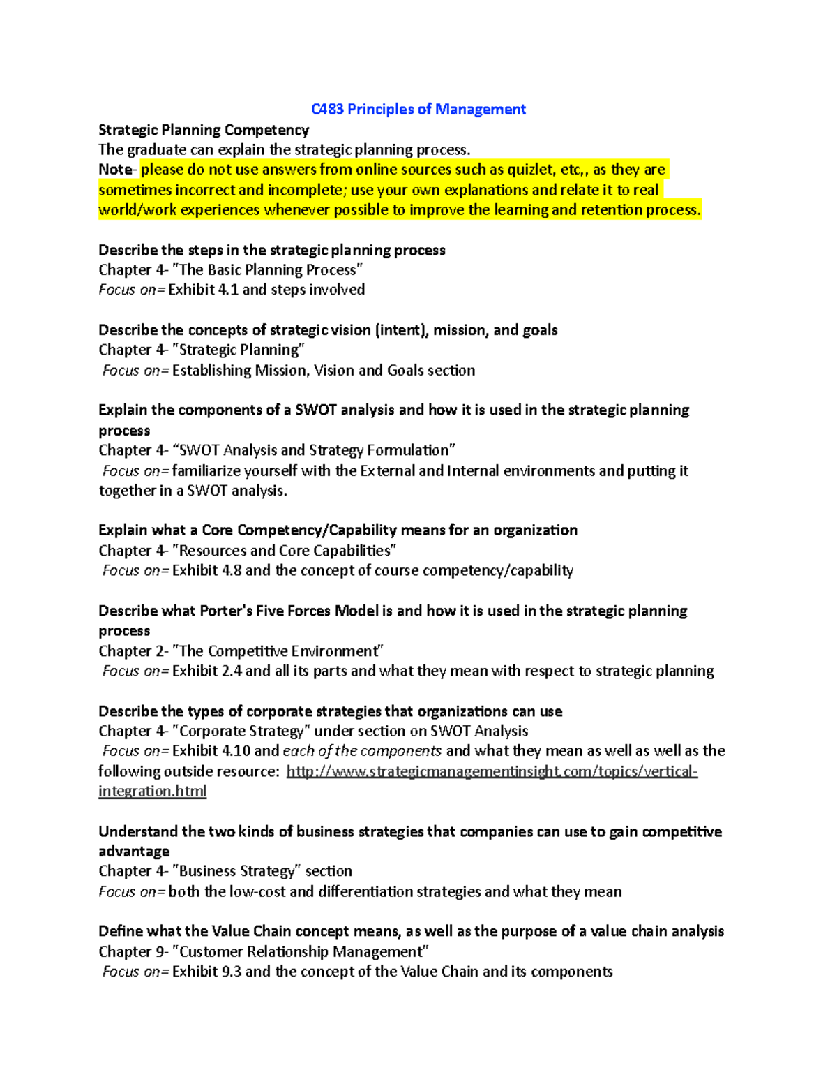 C483 Study Guide - Blank - C483 Principles of Management Strategic ...