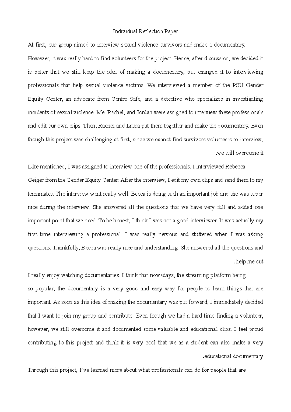 Individual Reflection Paper - However, it was really hard to find ...