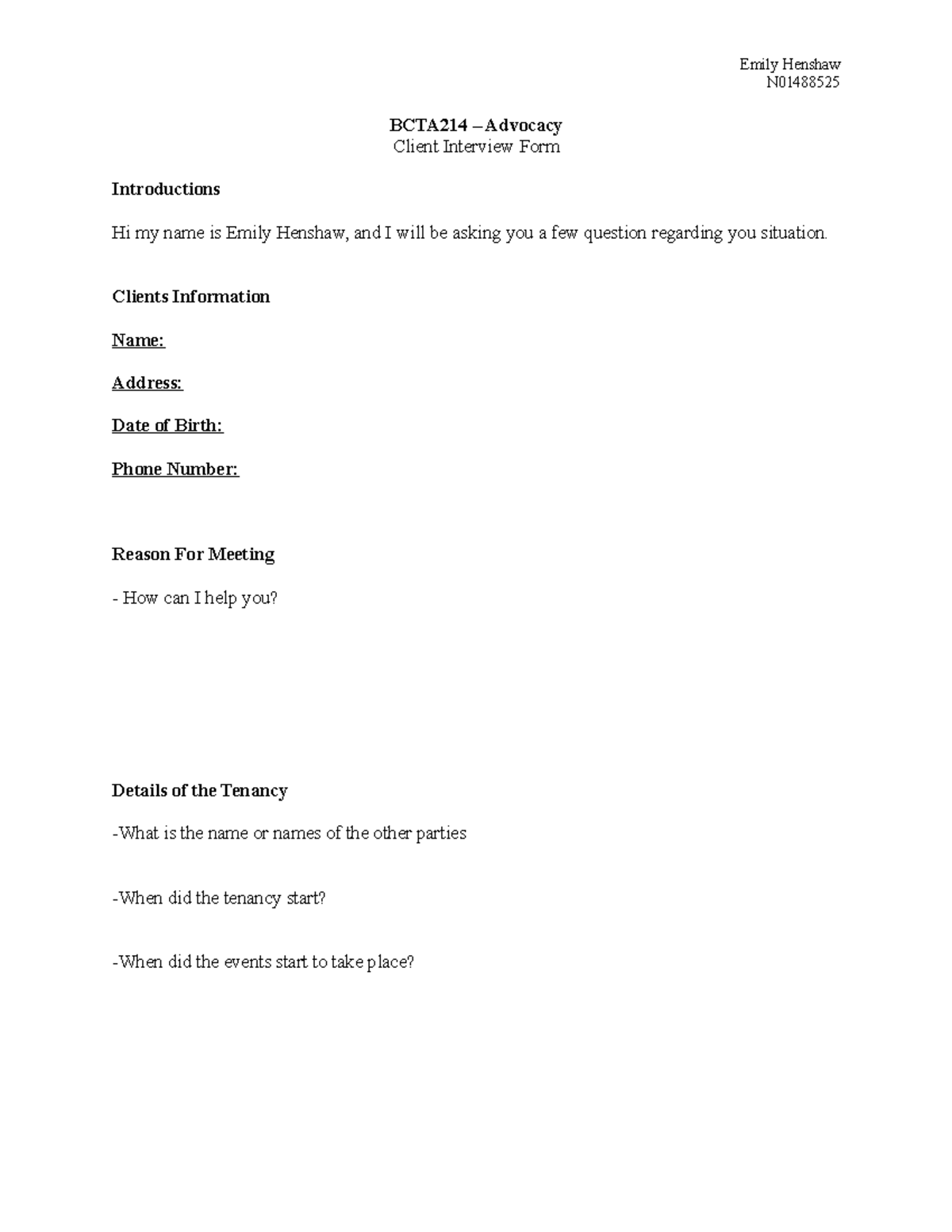 Client Interview Form - Emily HenshawN BCTA214 – Advocacy Client ...