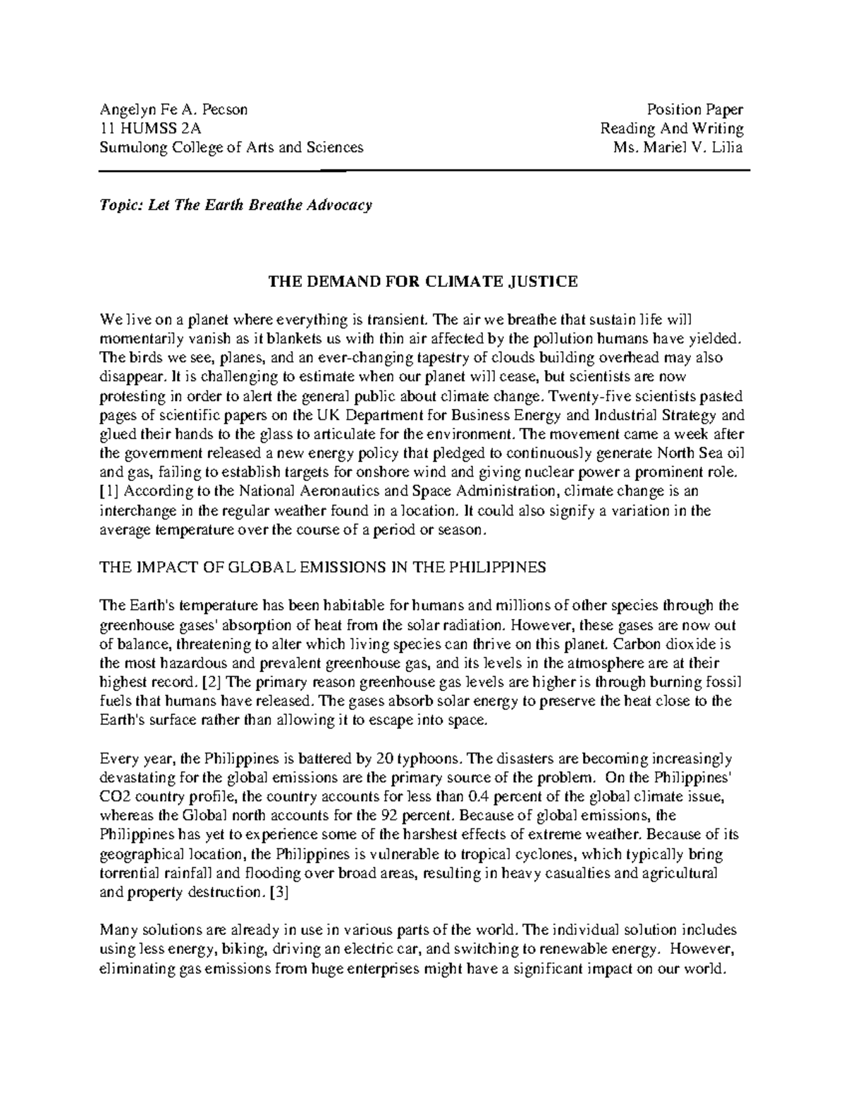 Pecson-Angelyn The Demand For Climate Justice Position-Paper - Angelyn Fe A. Pecson Position ...
