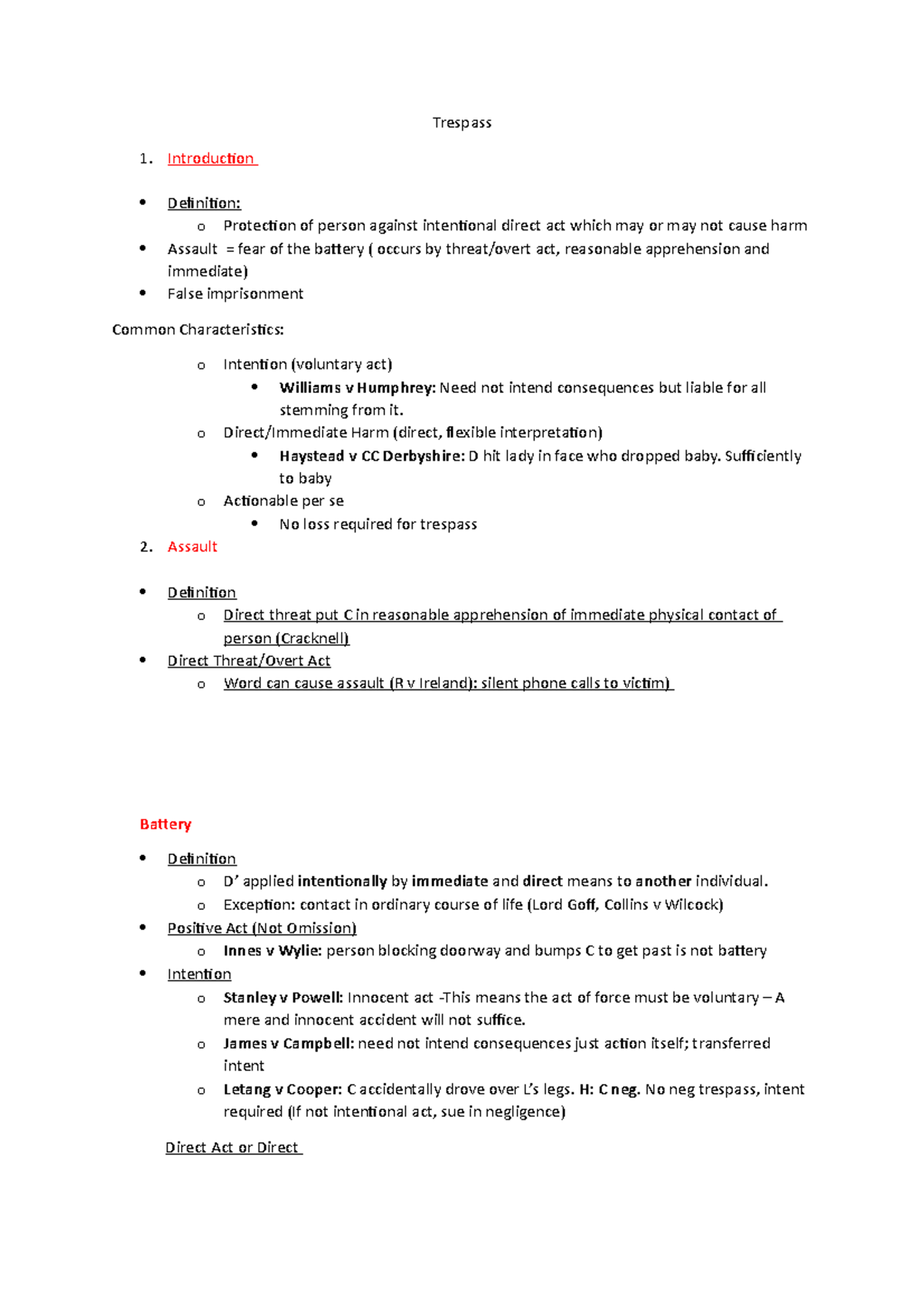 Trespass - Tort - Trespass Introduction Definition: o Protection of ...