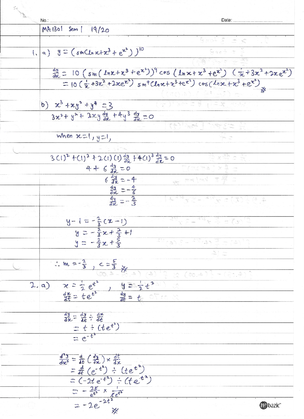 MA1301 1920 Sem1 Solutions - No.: Date: MA1301 Sem 1. a) dy ob 10 (sm ...