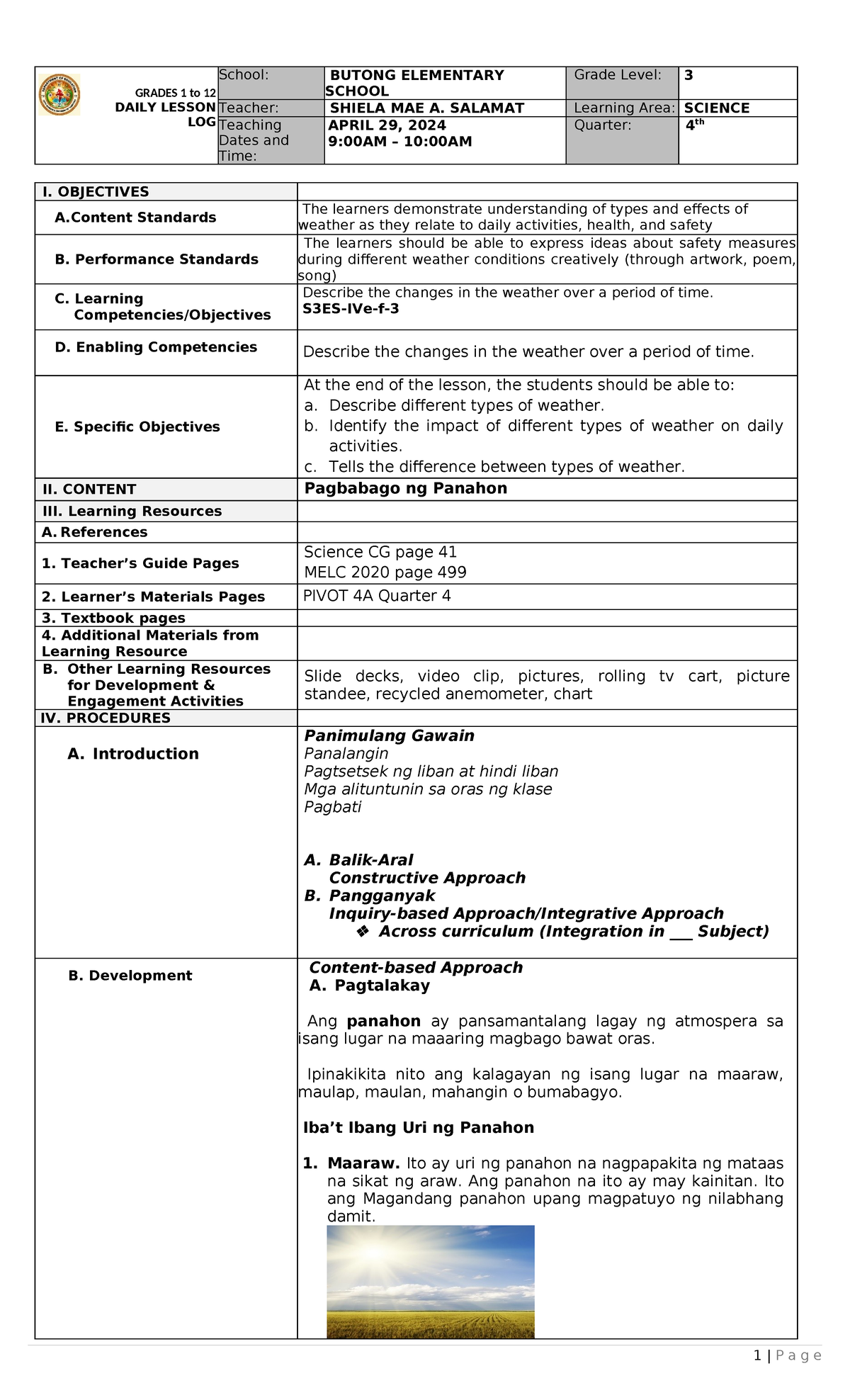 DEMO Lesson plan - GRADES 1 to 12 DAILY LESSON LOG School: BUTONG ...