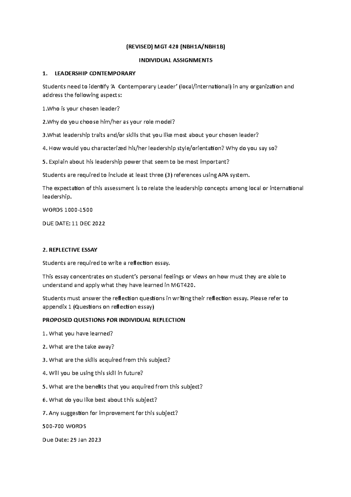 Detailed OF Individual Assignments - (REVISED) MGT 420 (NBH1A/NBH1B ...
