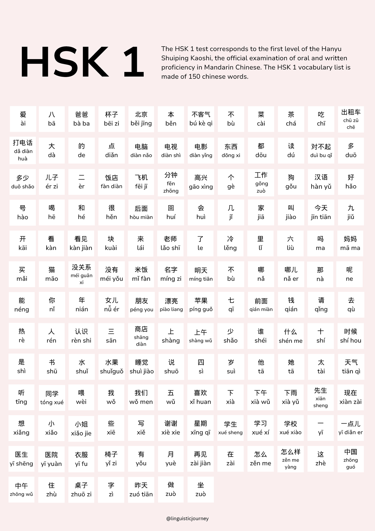 HSK 1 Poster Printable PINK - HSK 1 The HSK 1 test corresponds to the ...
