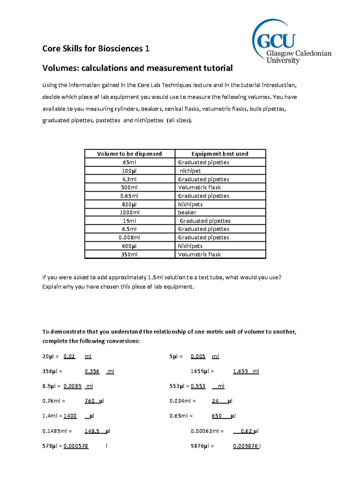 Volumes: calculations and measurement tutorial core skills bioscience 1 ...