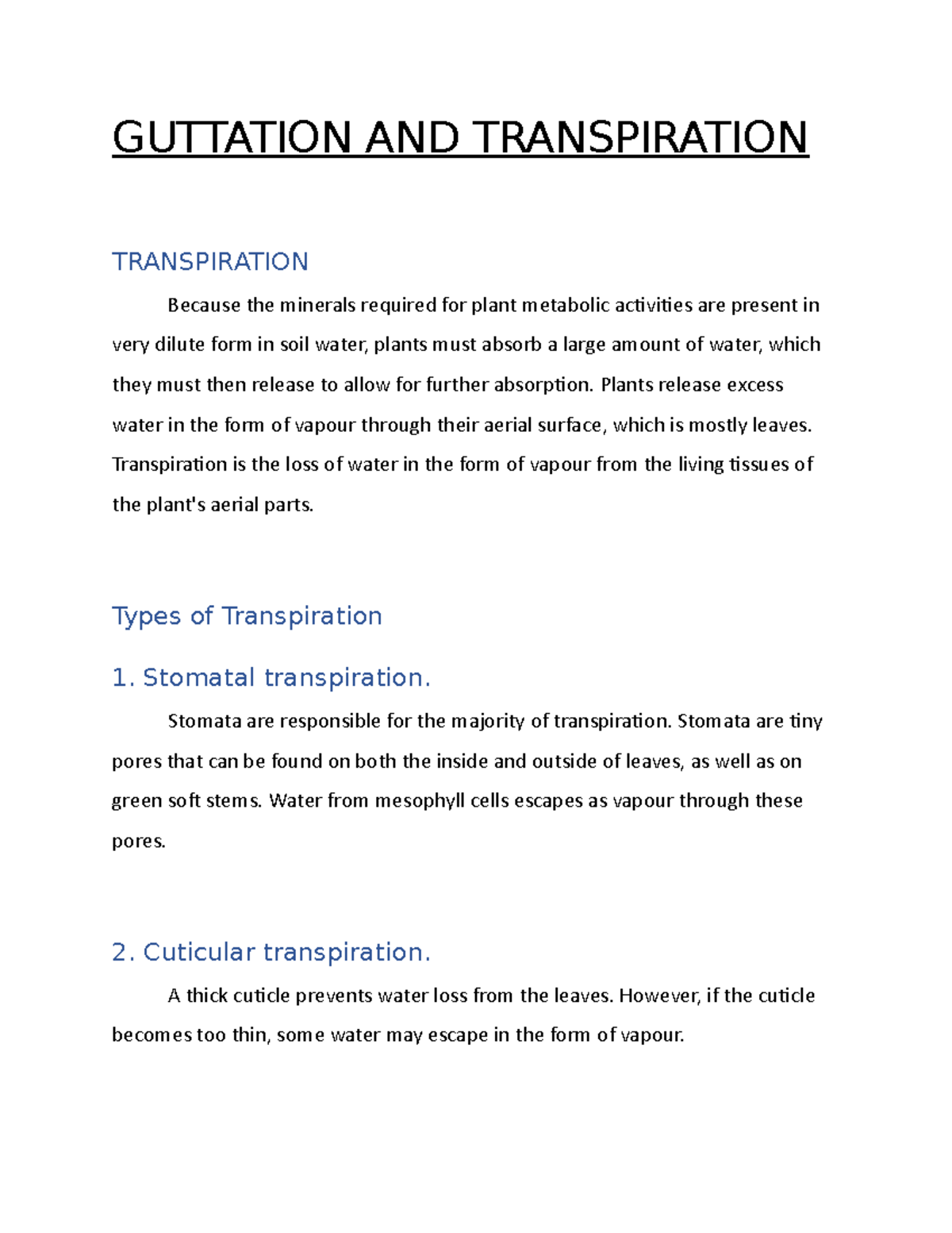 Brien NOTE ON Guttation AND Transpiration - GUTTATION AND TRANSPIRATION ...