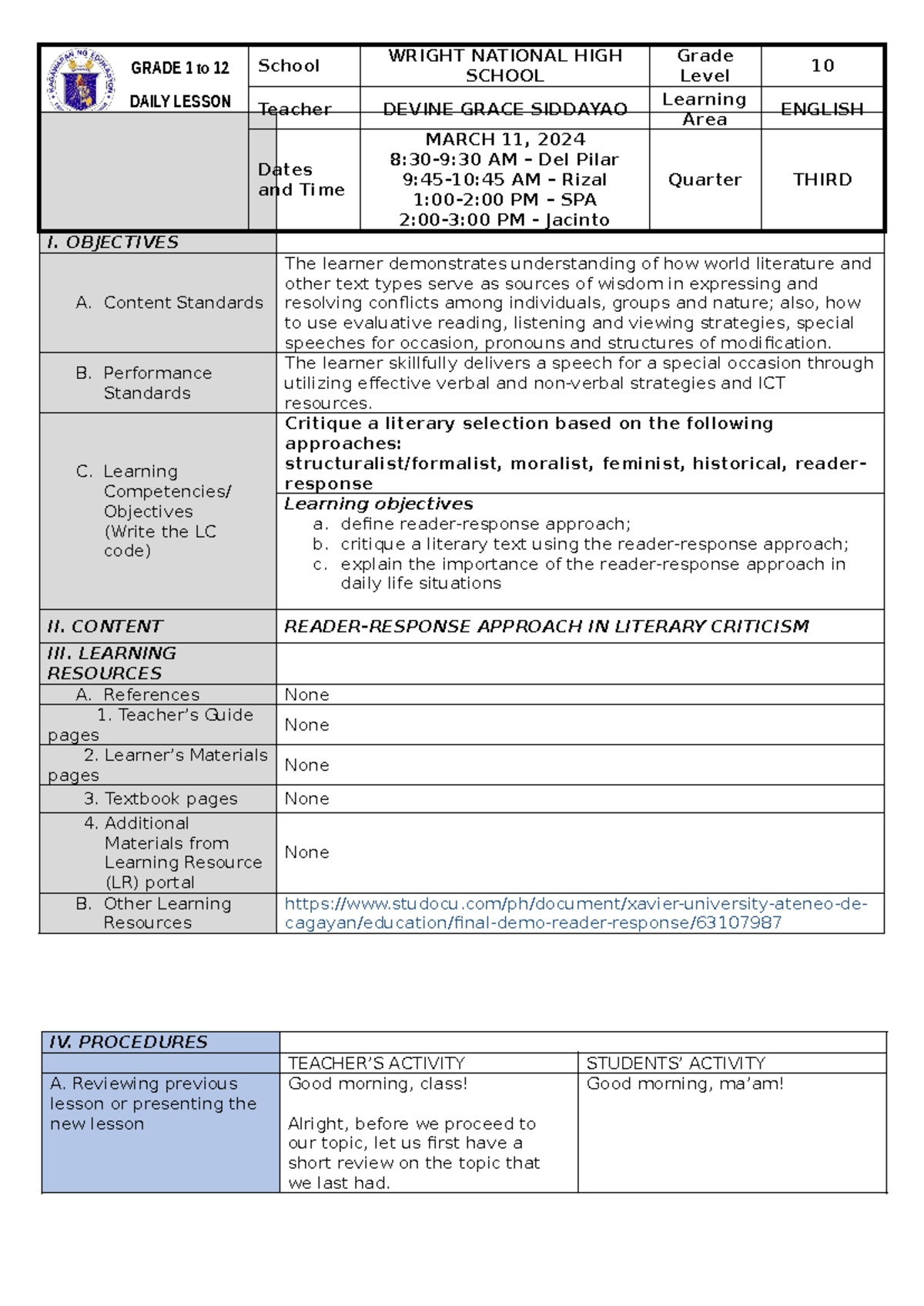 2ND DETAILED LESSON PLAN - Reader-Response - I. OBJECTIVES A. Content ...