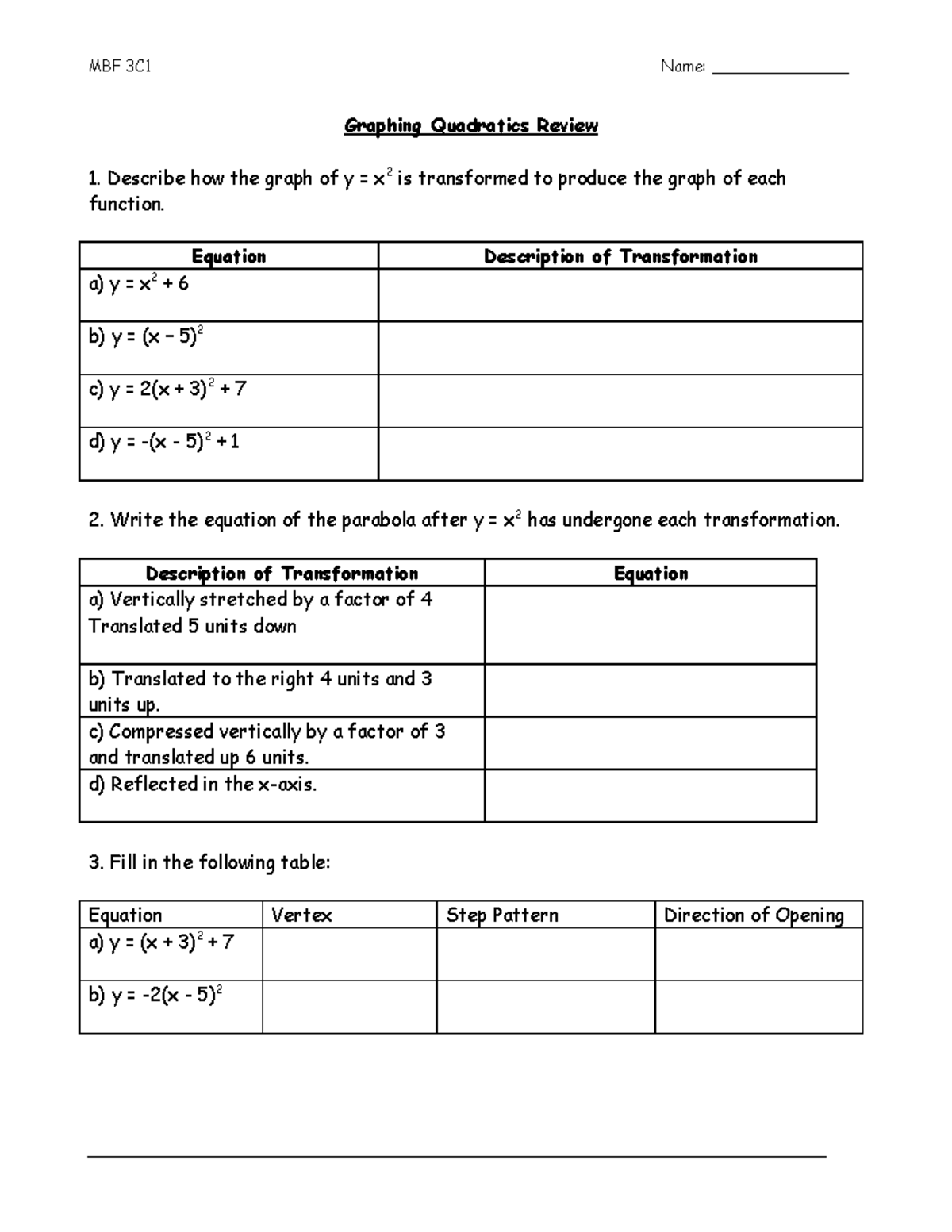 Measurement Review - MBF 3C1 Name: ______________ Graphing Quadratics ...
