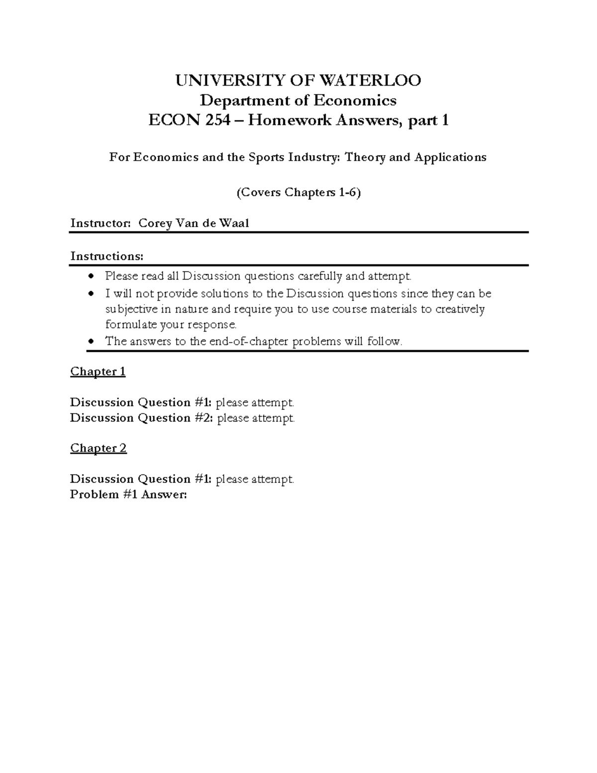 Homework Chapters 1-6 - UNIVERSITY OF WATERLOO Department of Economics ...
