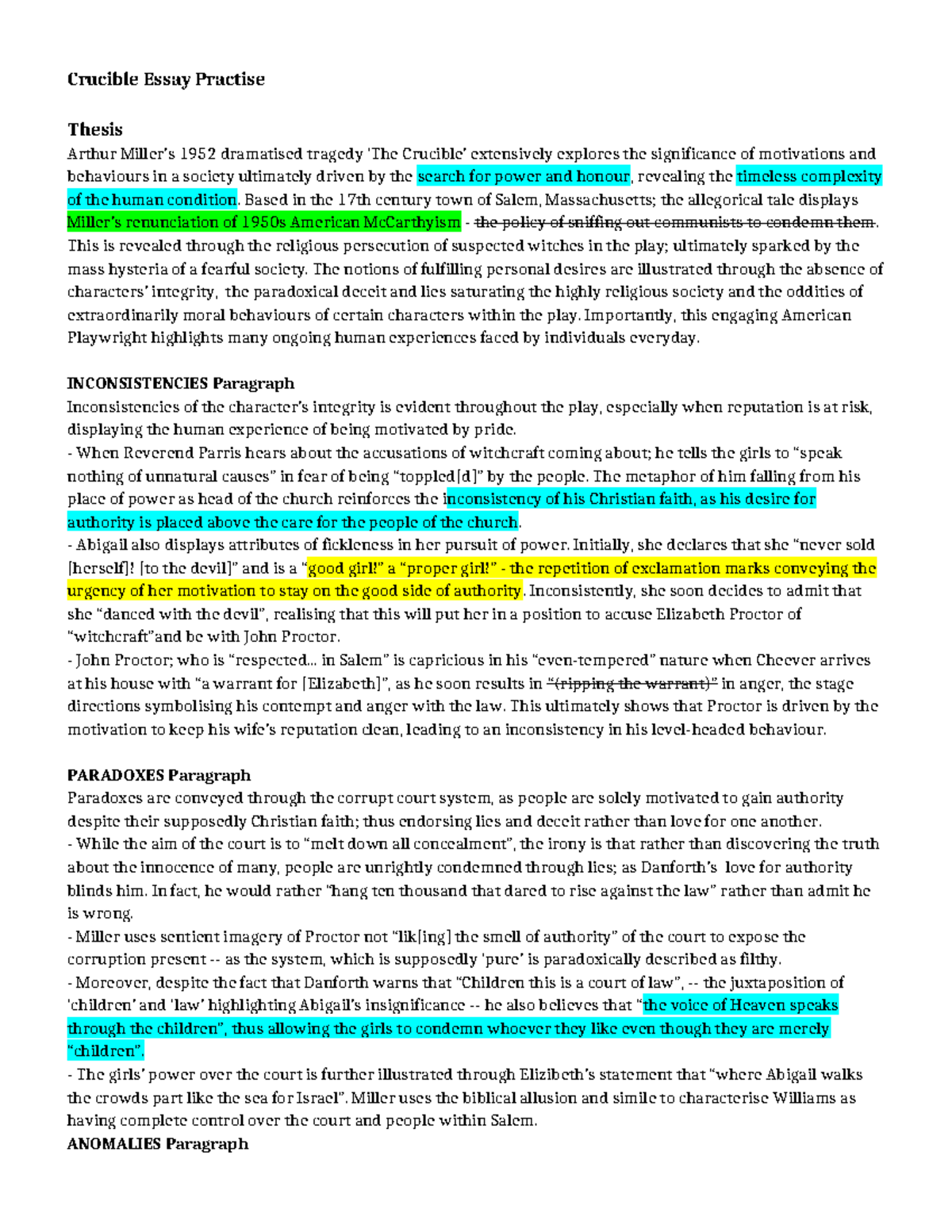 Crucible Response 5 out of 10 - Crucible Essay Practise Thesis Arthur ...