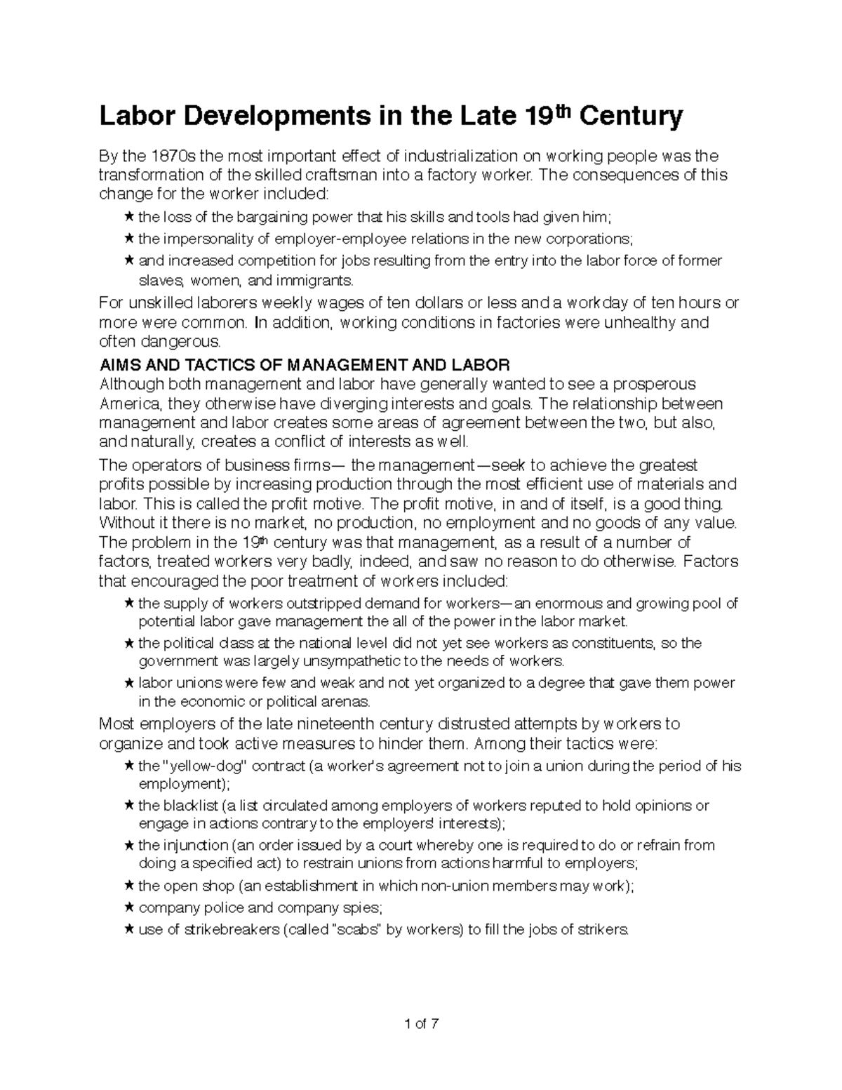 Labor - Notes - Labor Developments in the Late 19 th Century By the ...