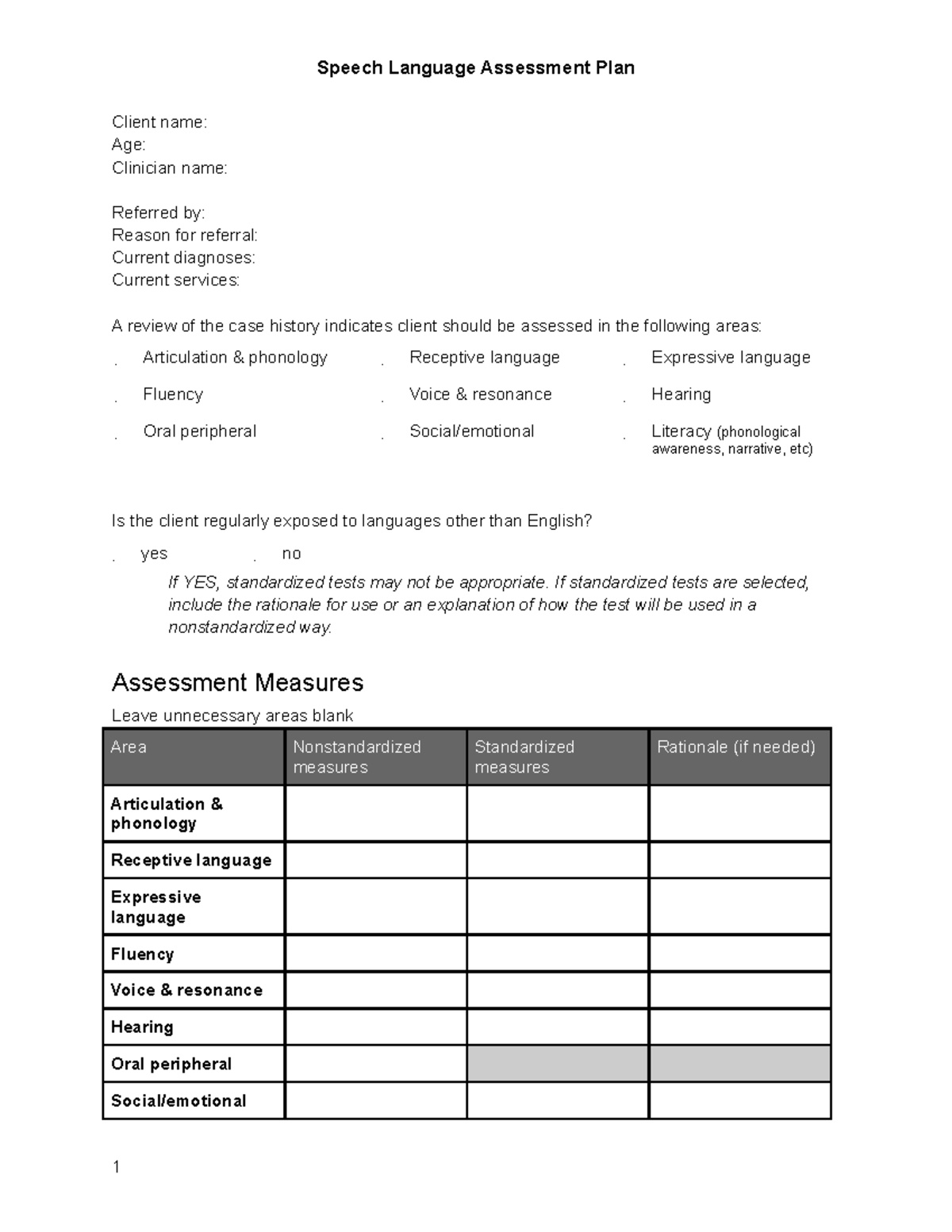 Speech Language Assessment Plan template - Speech Language Assessment ...