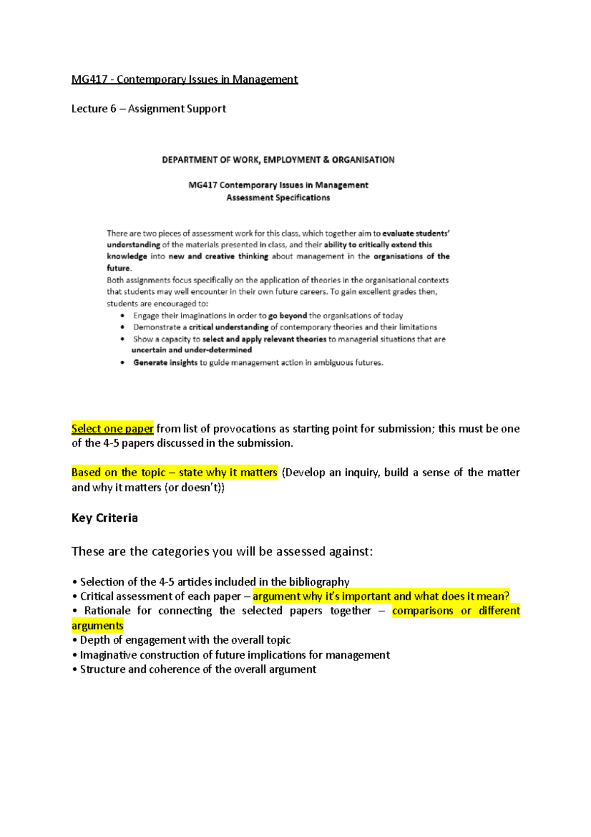 Lecture 6 – Assignment Support - MG417 - Contemporary Issues in Management Lecture 6 ...