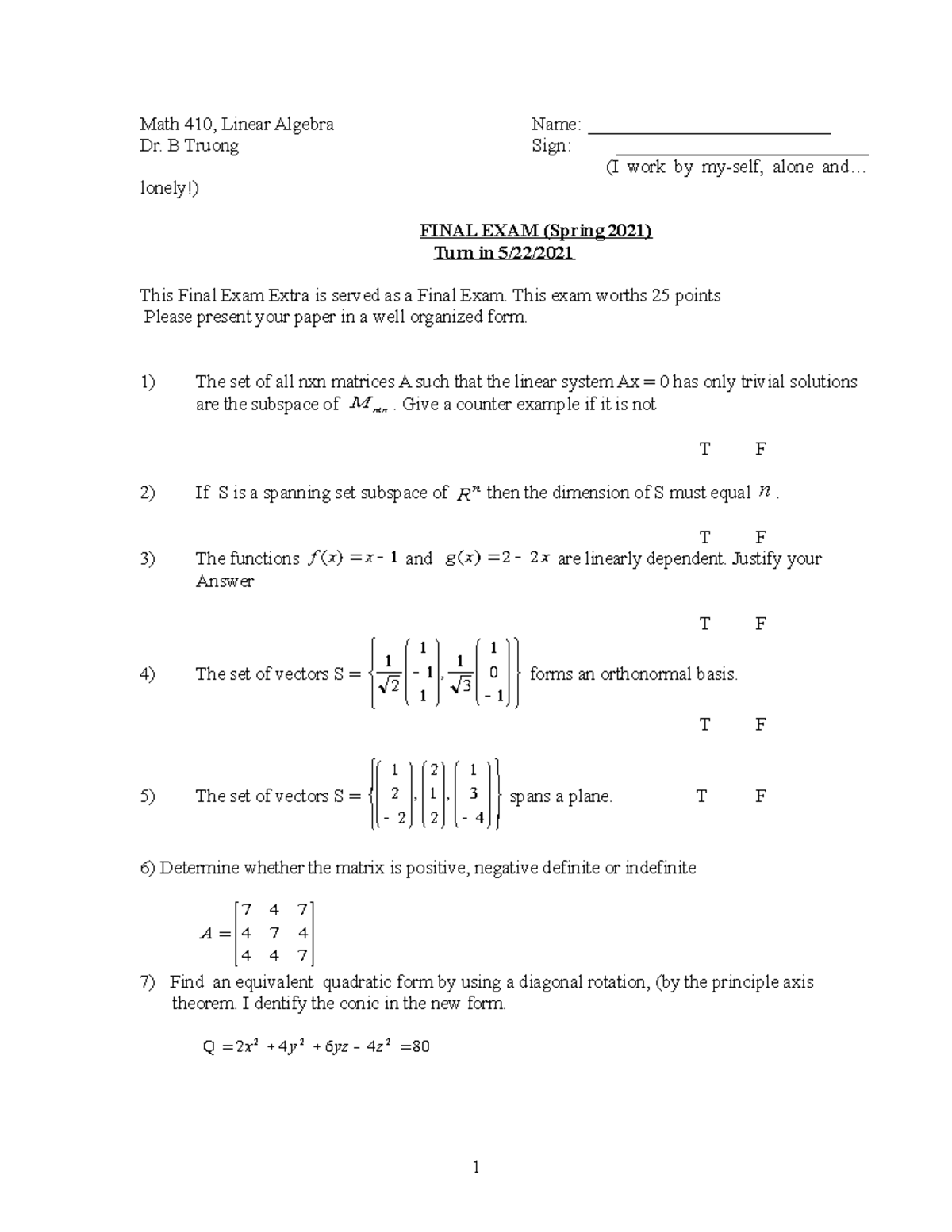 Exam sample for MATH 410 ARC college. - Math 410, Linear Algebra Name ...