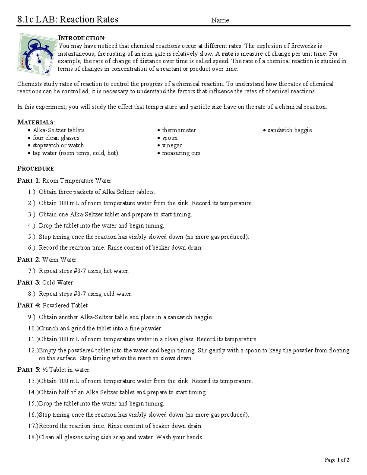 8 - N/A - Page 1 of 2 8 LAB: Reaction Rates Name I NTRODUCTION: You may ...