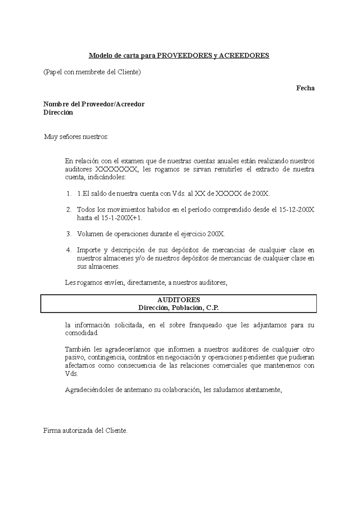 Modelo de carta para Proveedores y Acreedores - Modelo de carta para ...