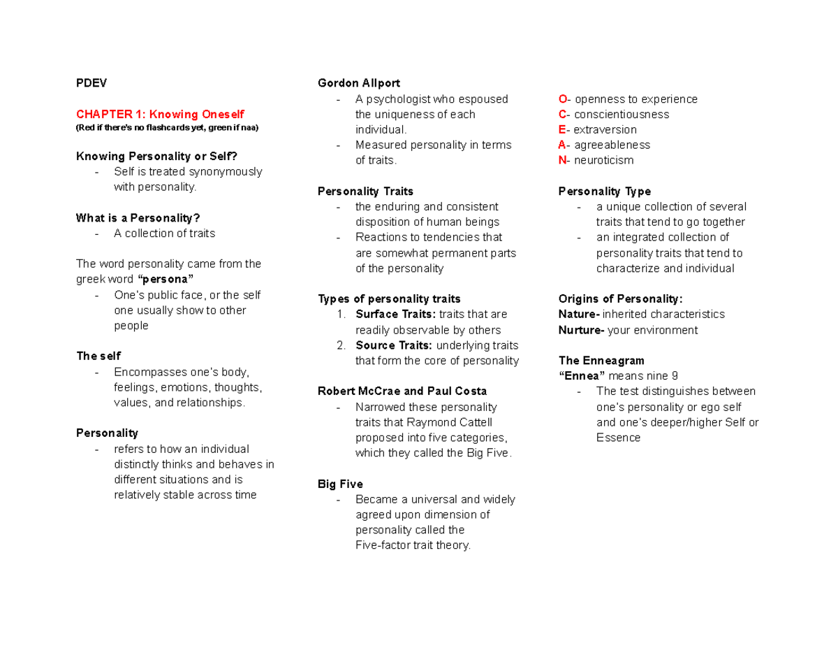 PDEV Notes [Chapter 1 & 2] - PDEV CHAPTER 1: Knowing Oneself (Red if ...