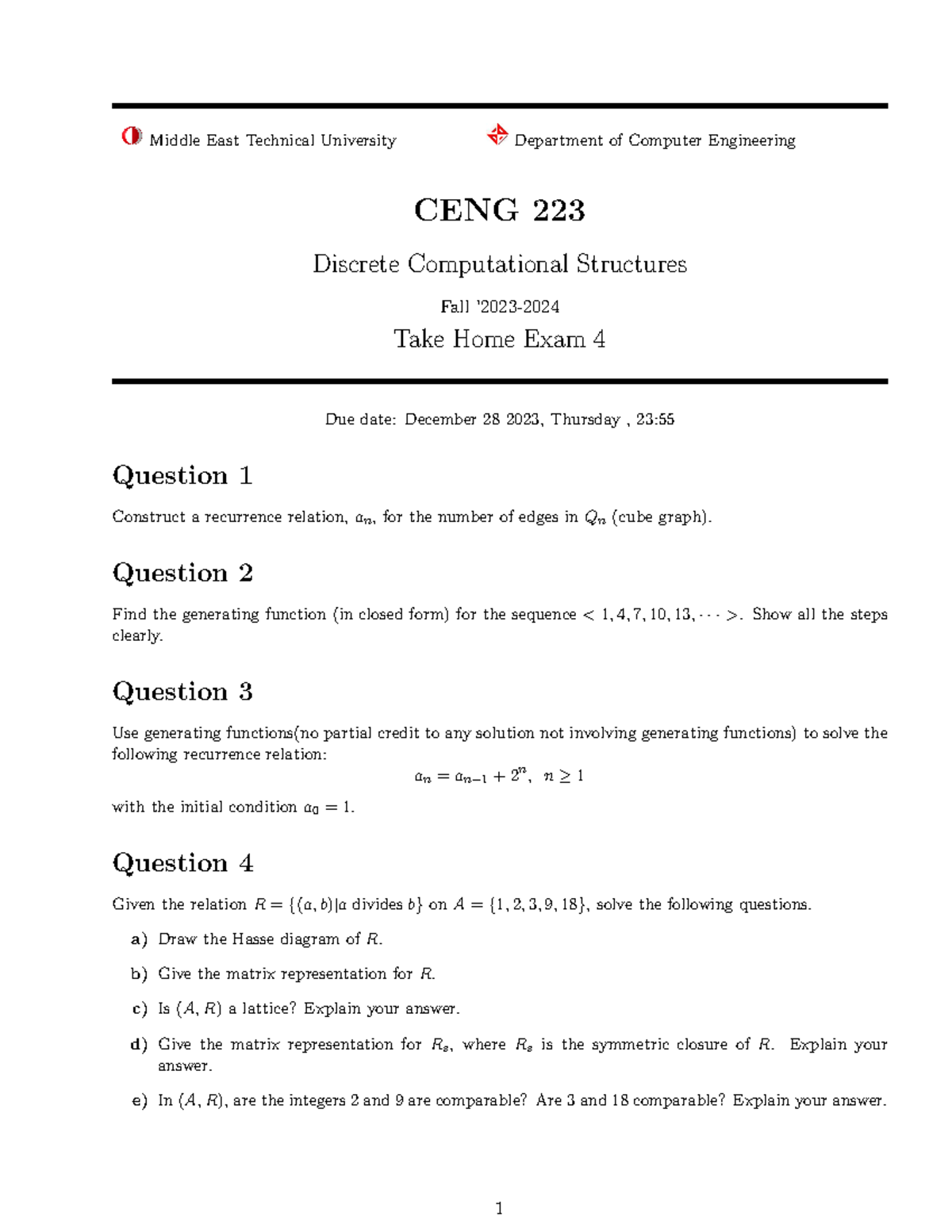 20231 ceng223 the4 - Past Take Home Exams - Middle East Technical University Department of ...