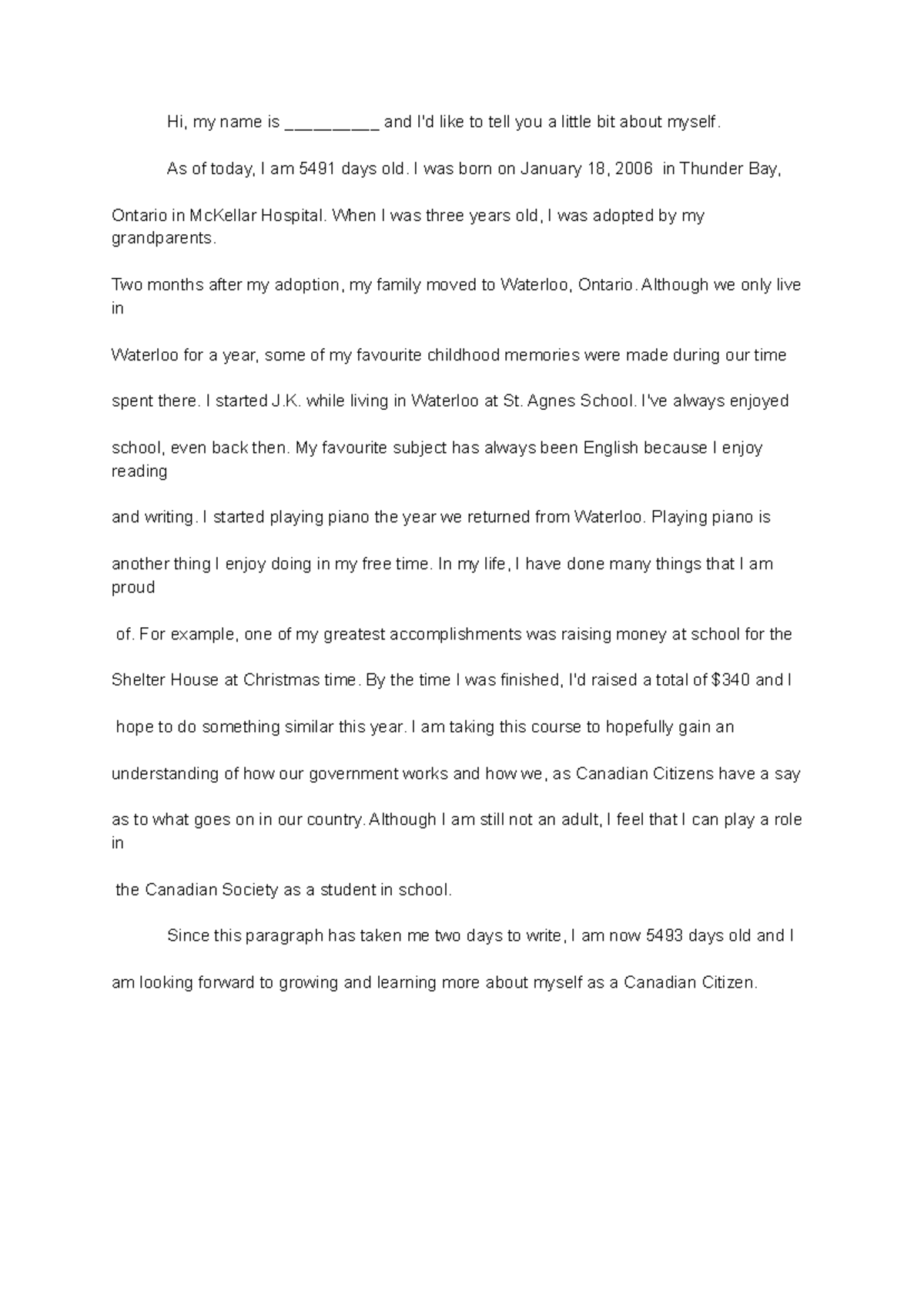All About Me Paragraph - Civics 2015 - Hi, my name is __________ and I ...