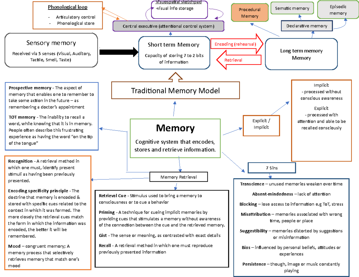 Memory (PSY107 Mindmap) - Memory Cognitive system that encodes, stores and retrieve information ...