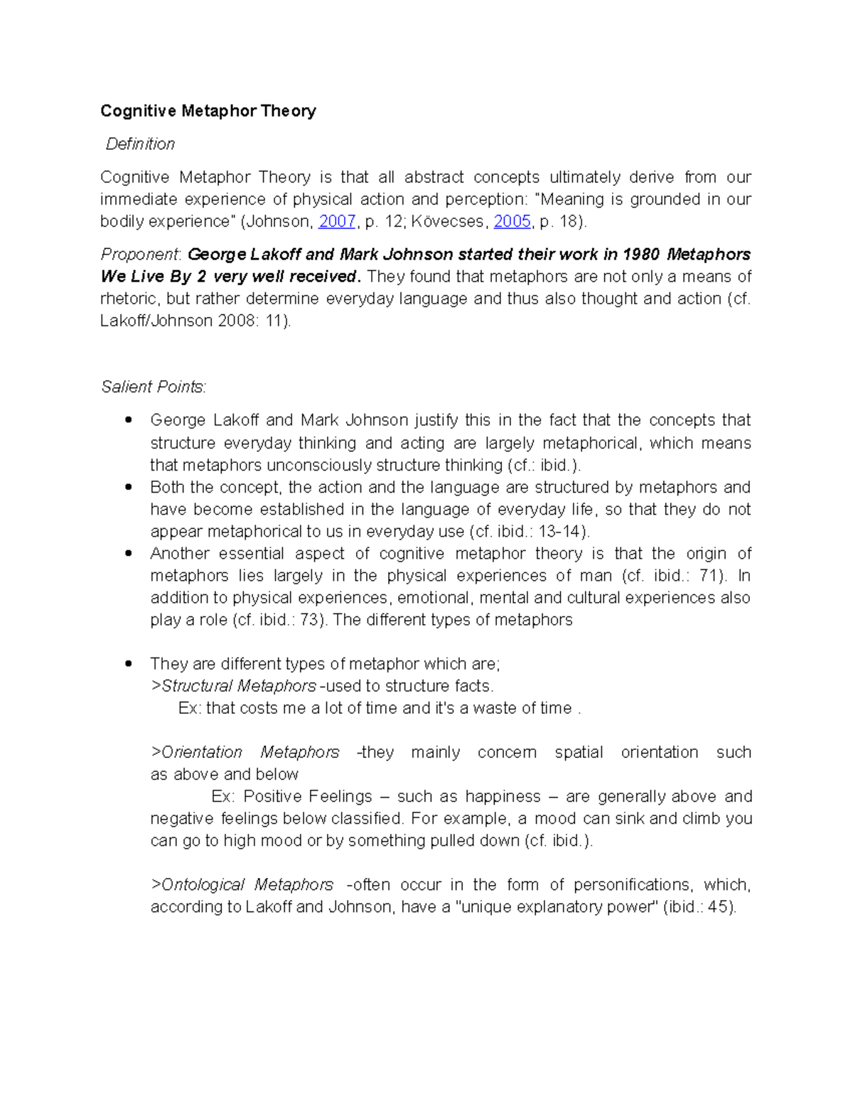 CMT and BT Final - Cognitive Metaphor Theory Definition Cognitive ...