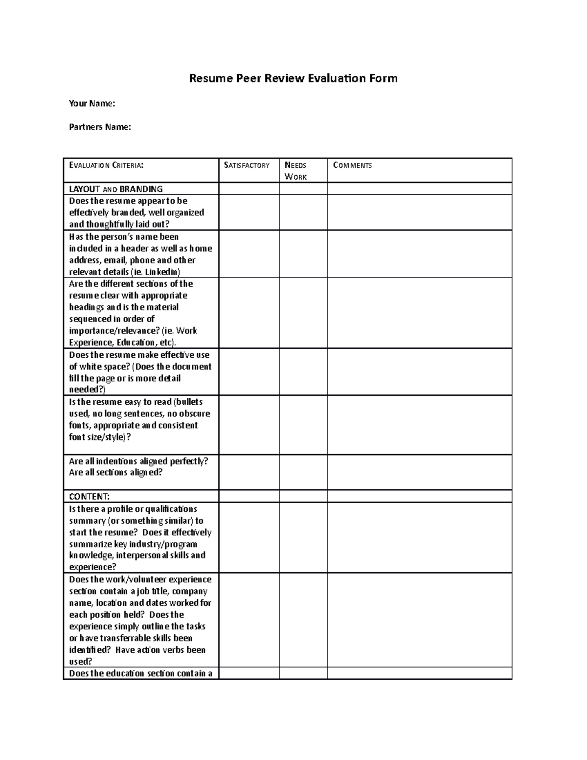 Assignment #1 Resume Peer Resume Evaluation Form - Resume Peer Review ...