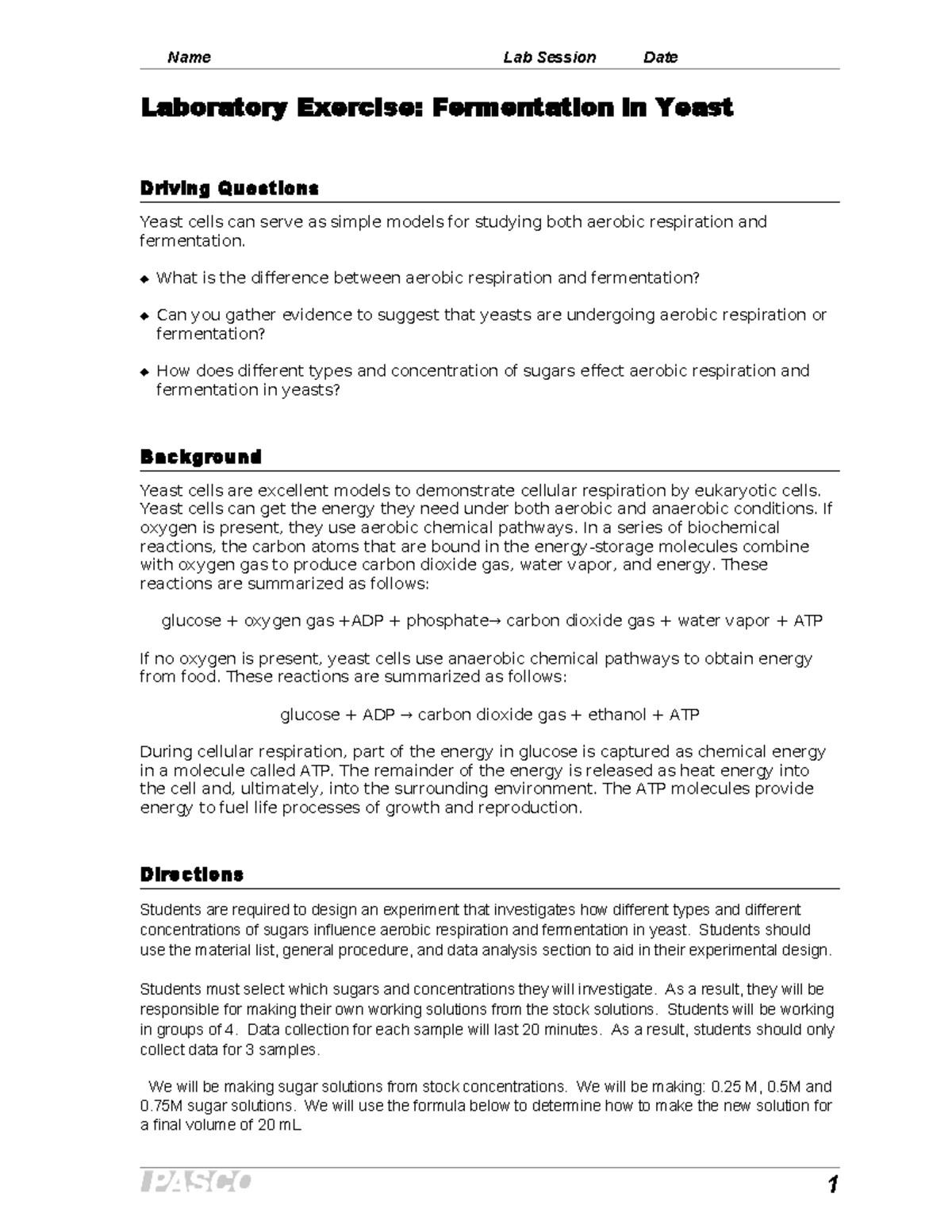 Laboratory Exercise- Fermentation in Yeast - Name Lab Session Date ...