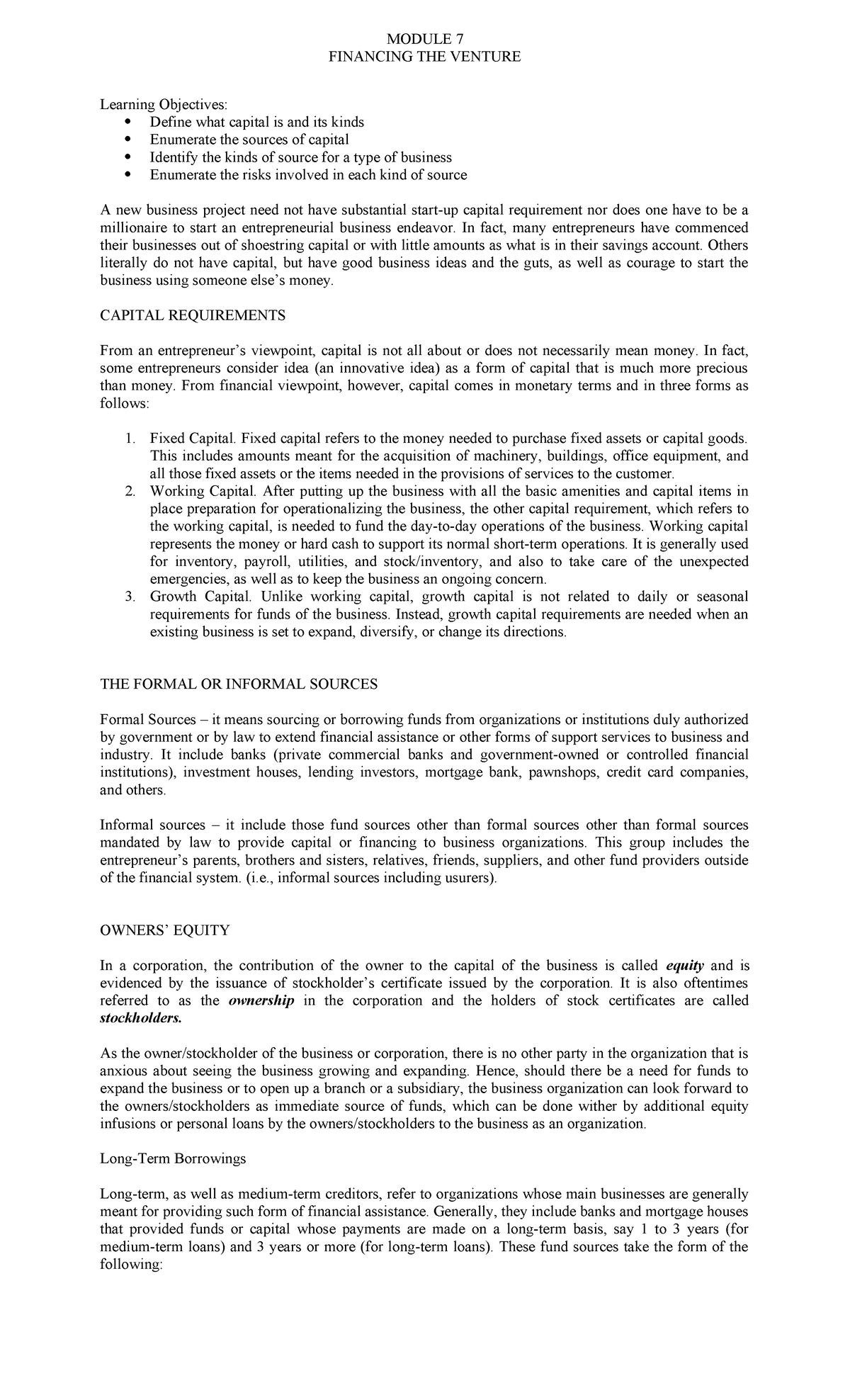Module-7 - Additonal info - MODULE 7 FINANCING THE VENTURE Learning ...