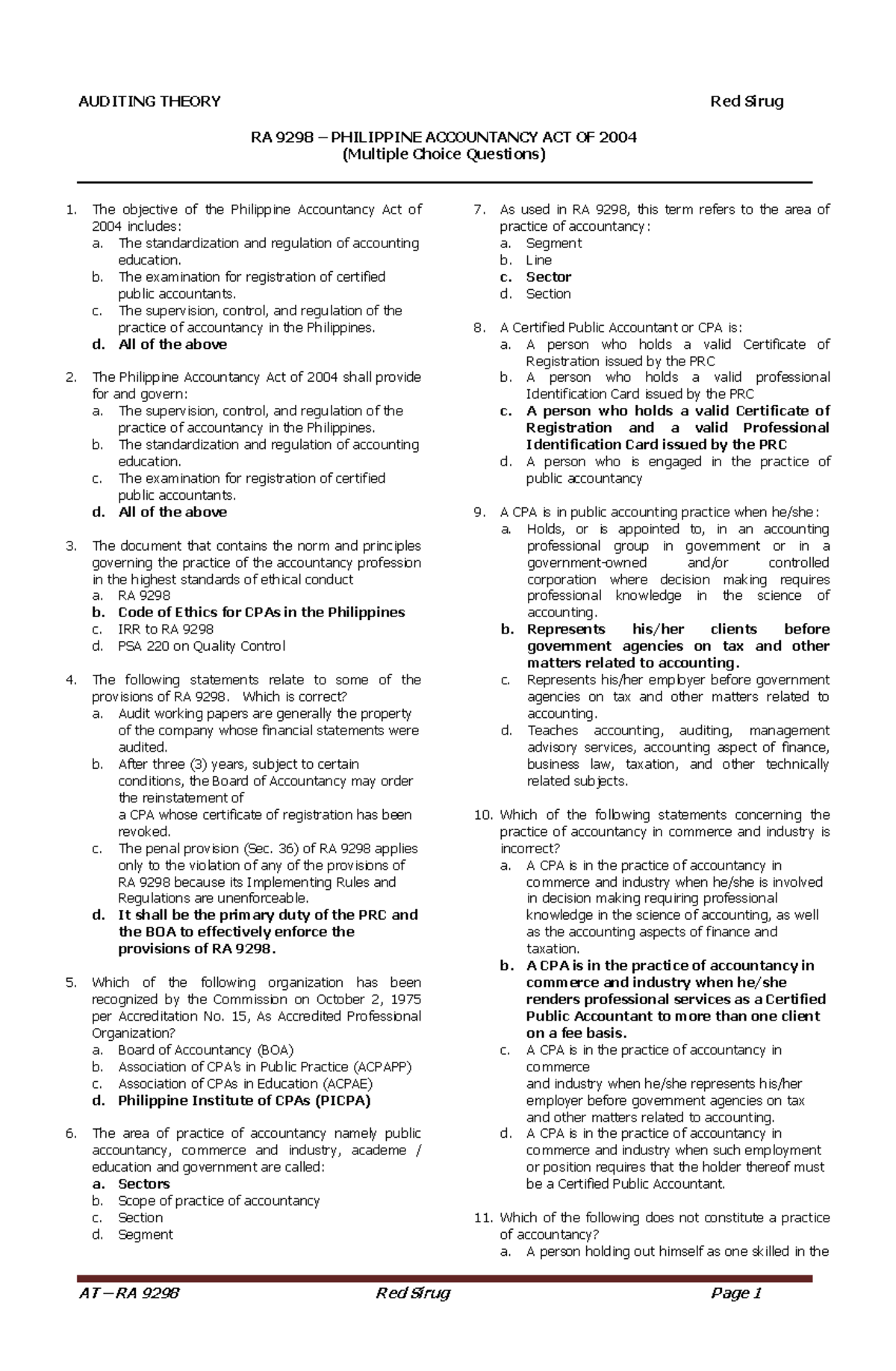 AT RA 9298 Red Sirug Page 1 Auditing THE - AUDITING THEORY Red Sirug RA ...