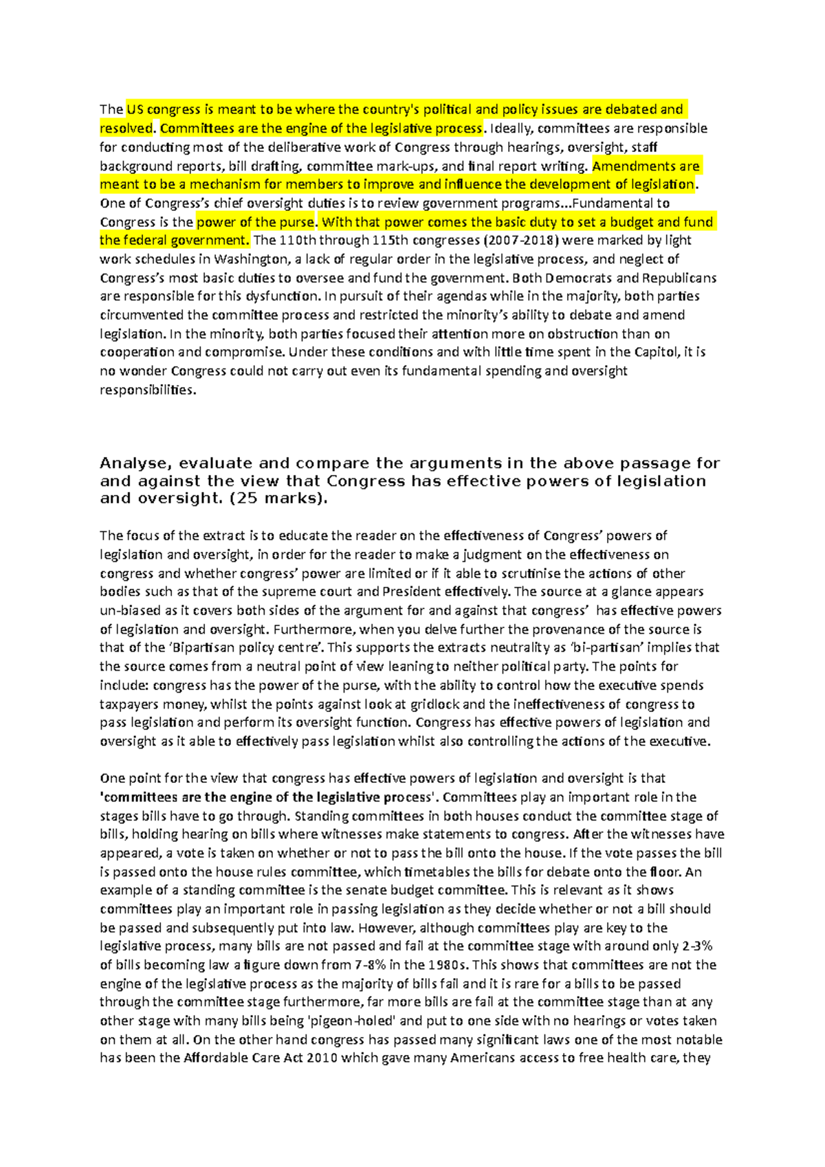 Congressional effectiveness and oversight essay - The US congress is ...