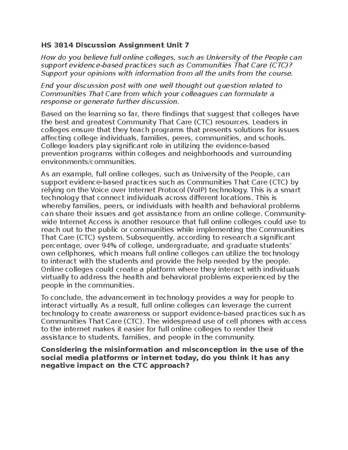 HS 3814 Discussion Assignment Unit 7 - End your discussion post with ...