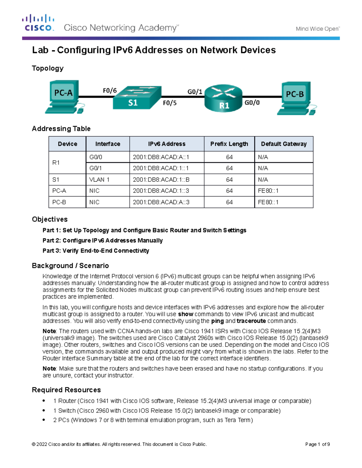 Week 5 Lab Doc - Week 5 Lab Documents - Topology Addressing Table Device Interface IPv6 Address ...