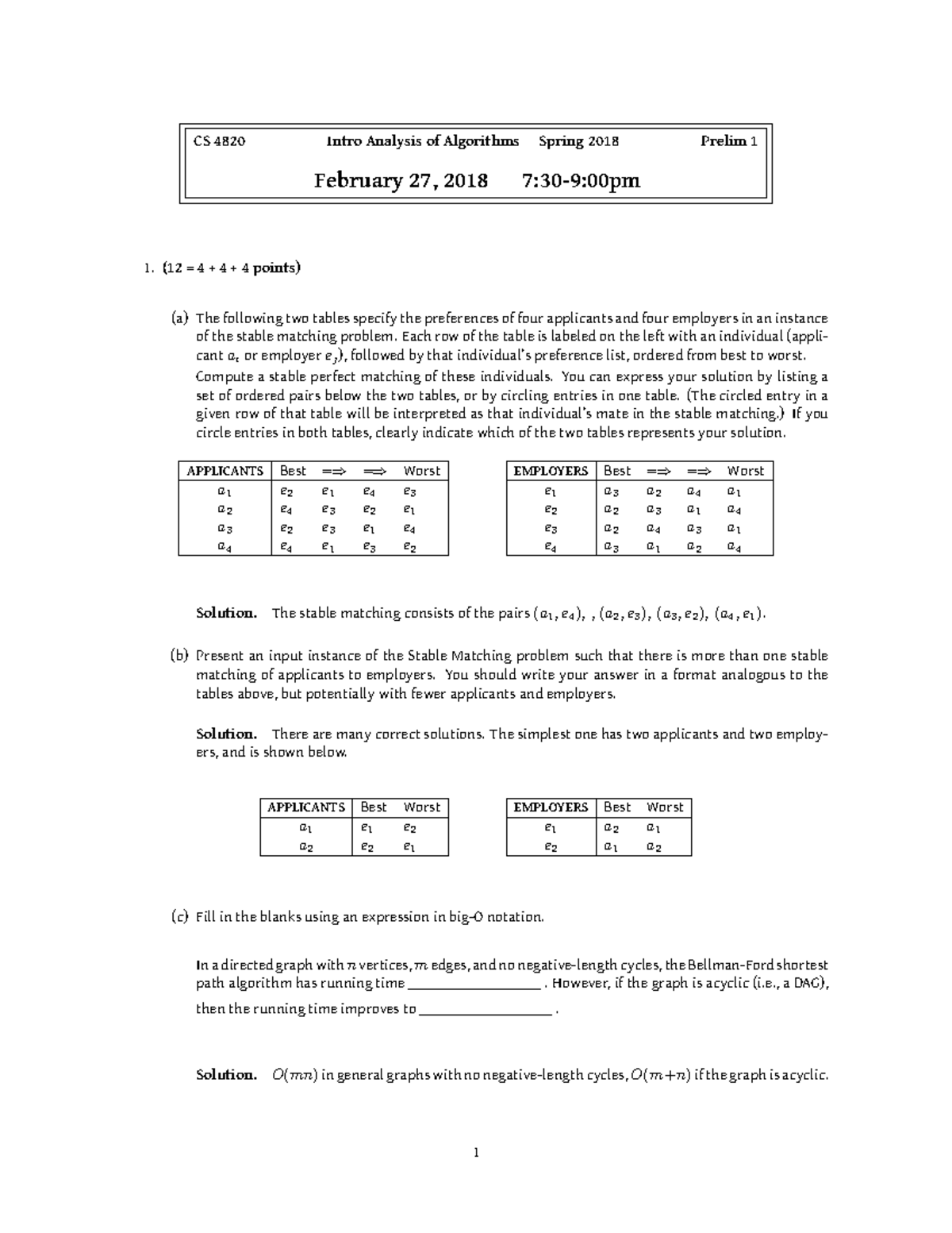 P1sol Solutions To The Prelim Exam Cs 4820 Intro Analysis Of Algorithms Spring 2018 Prelim 1