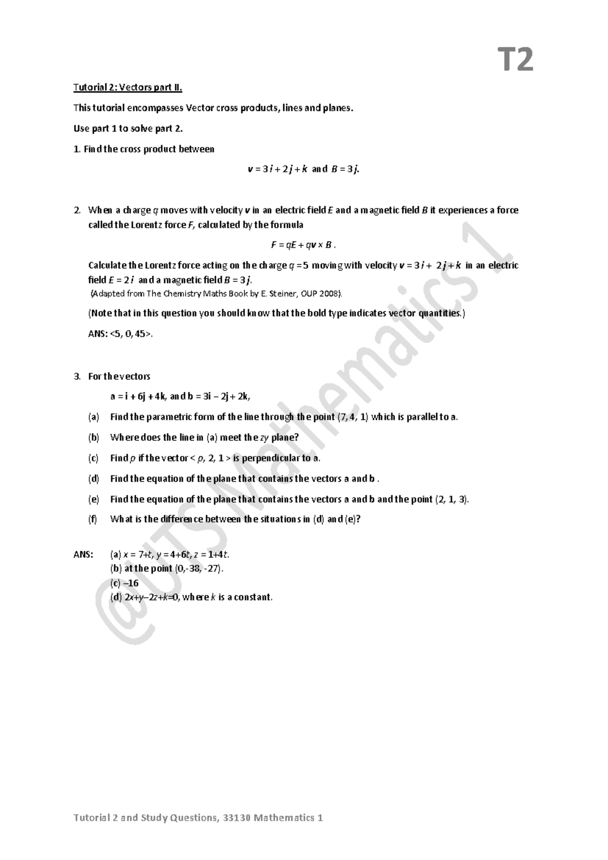 33130 T2 Space Vectors II s24-1 - Tutorial 2: Vectors part II. This ...