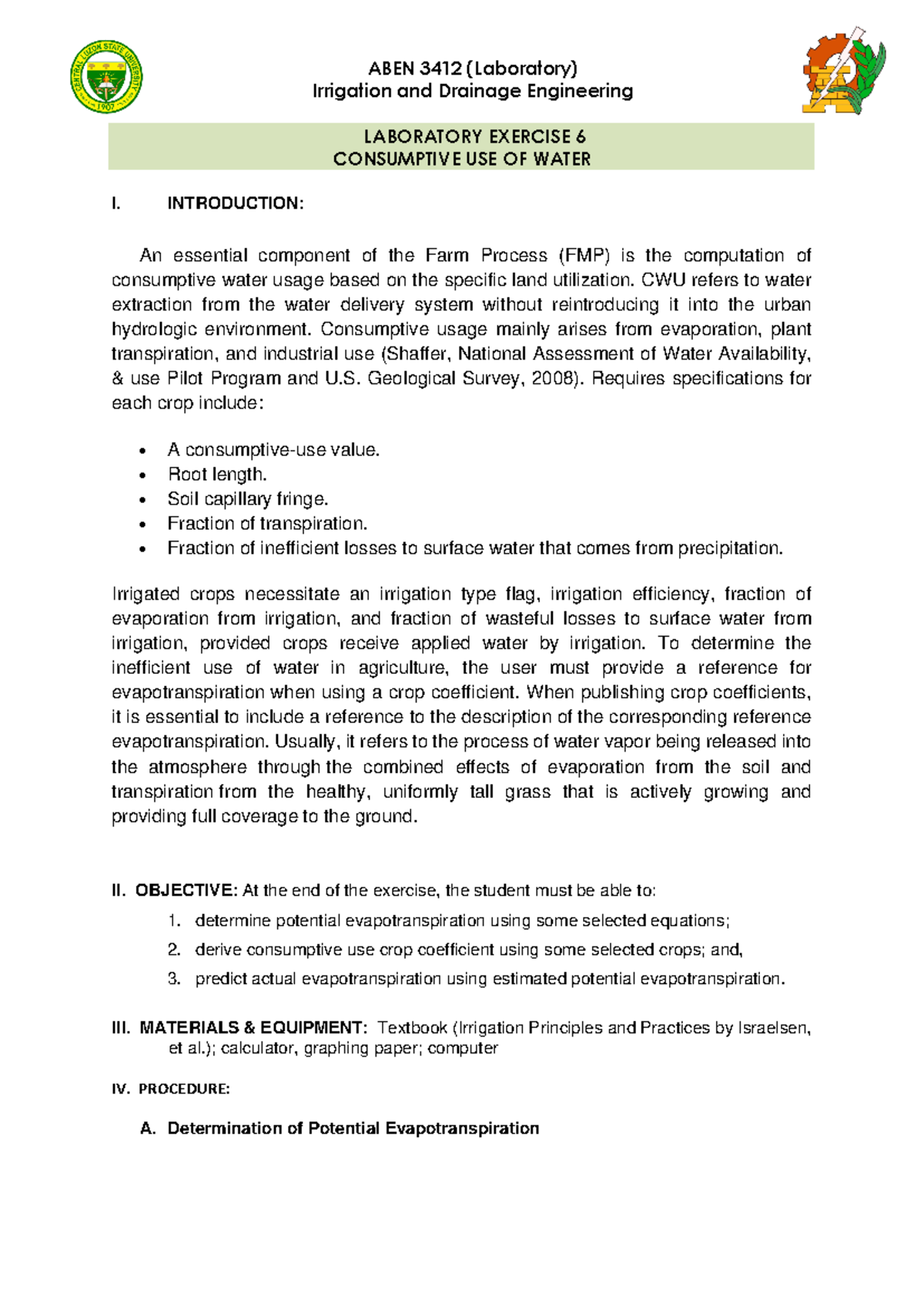 ABEN 3412 Irrigation AND Drainage LAB EX 6 - Irrigation and Drainage ...