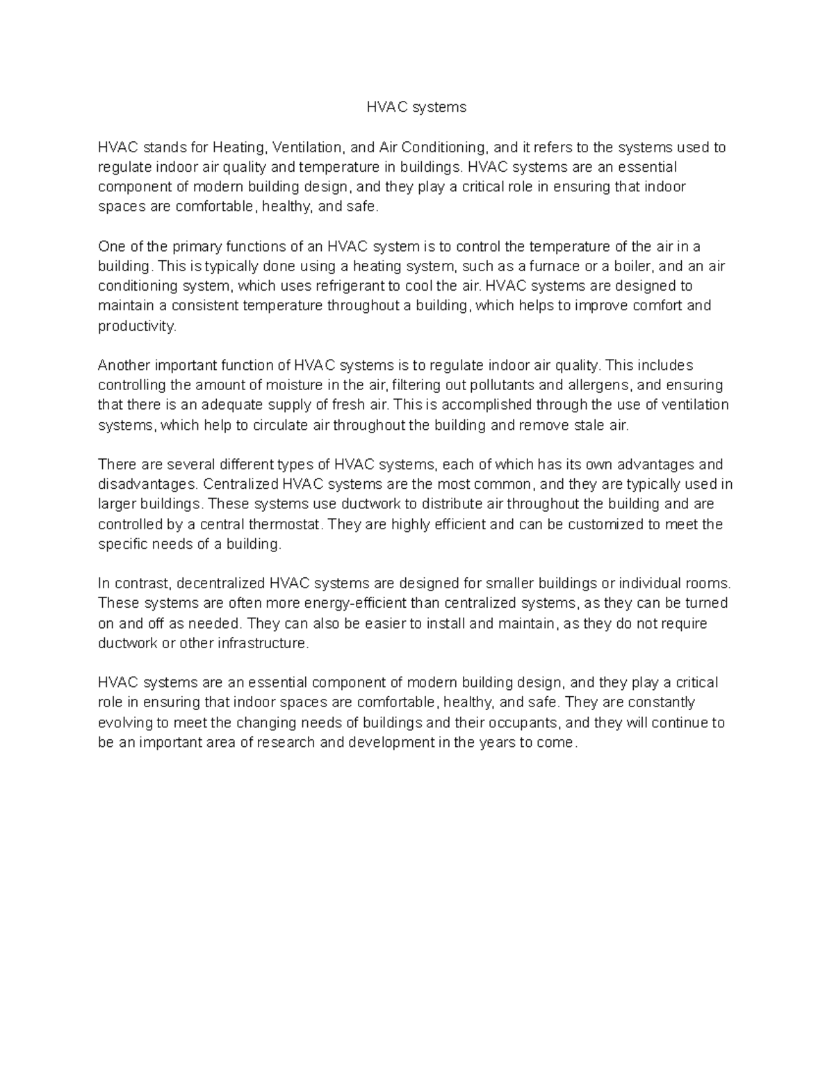 HVAC systems notes - HVAC systems HVAC stands for Heating, Ventilation ...