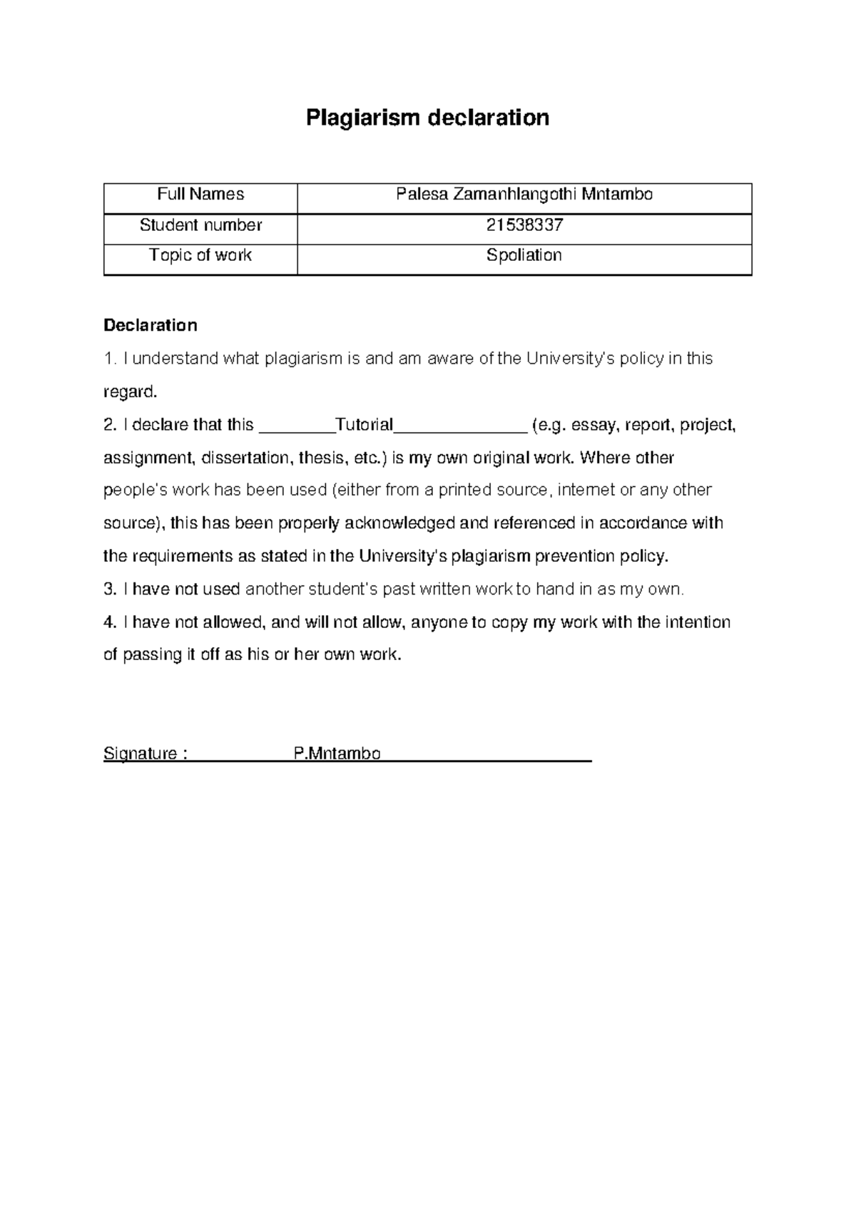 SAR 310 Tutorial 6 - Plagiarism declaration Full Names Palesa ...
