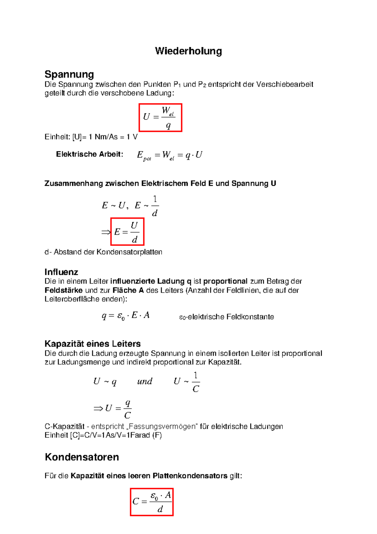 Skript Physik Teil 4 - Wiederholung Spannung Die Spannung zwischen den Punkten P 1 und P 2 - Studocu