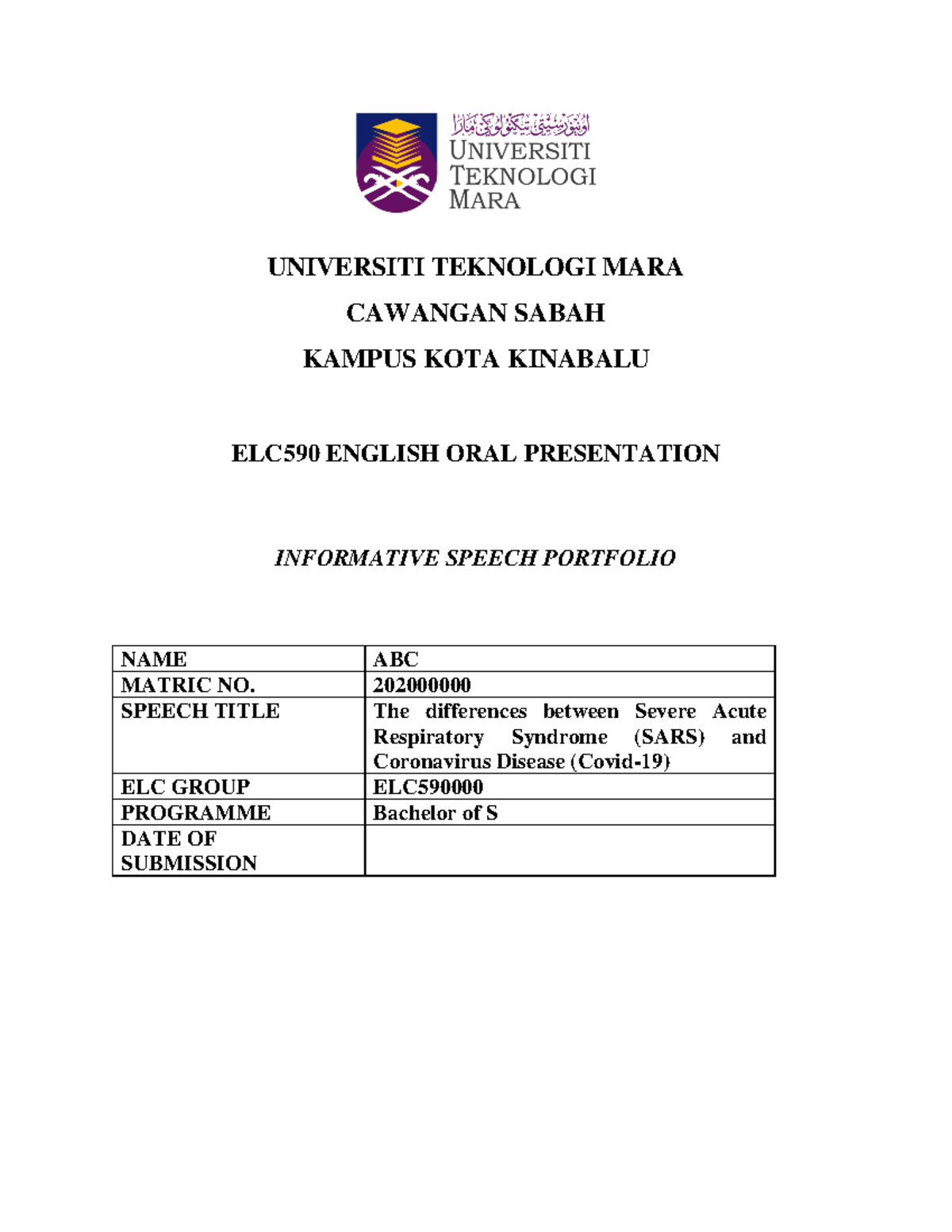 Assignment Speech Portfolio Sample - UNIVERSITI TEKNOLOGI MARA CAWANGAN ...