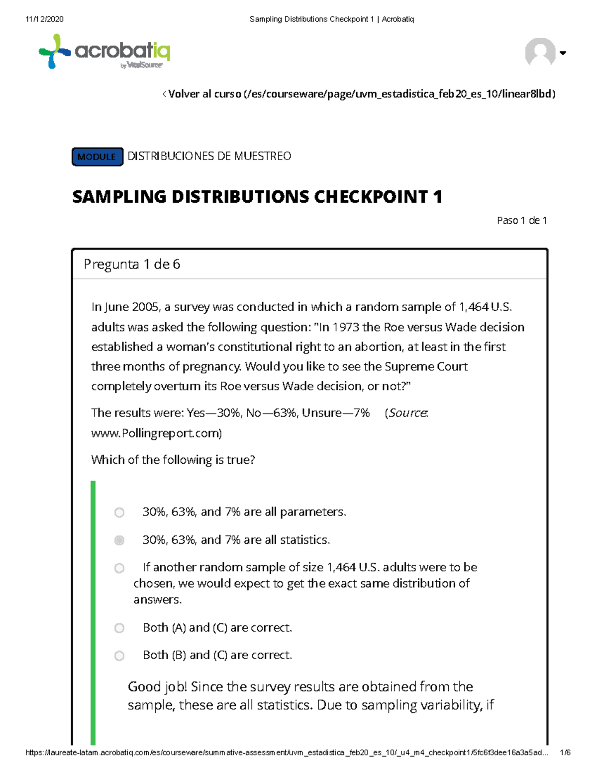 Sampling Distributions Checkpoint 1 Acrobatiq - MODULE DISTRIBUCIONES DE MUESTREO SAMPLING - Studocu