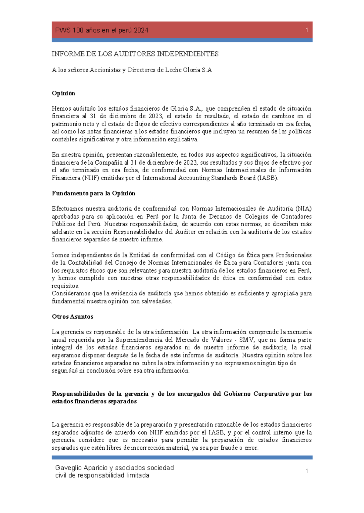 Modelo de informe de auditoria con salvedades-5-7 - PWS 100 años en el perú 2024 1 INFORME DE ...