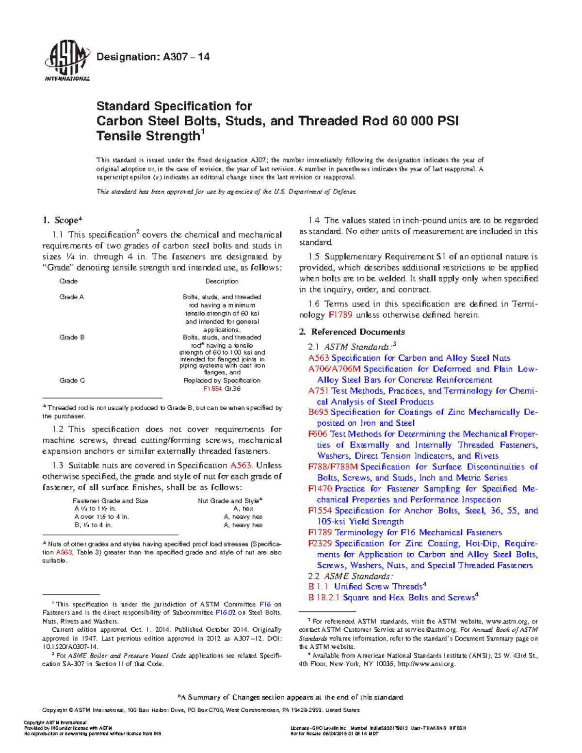 Astm-a307 - Specs for carbon steel bolts - Designation: A307 − 14 ...