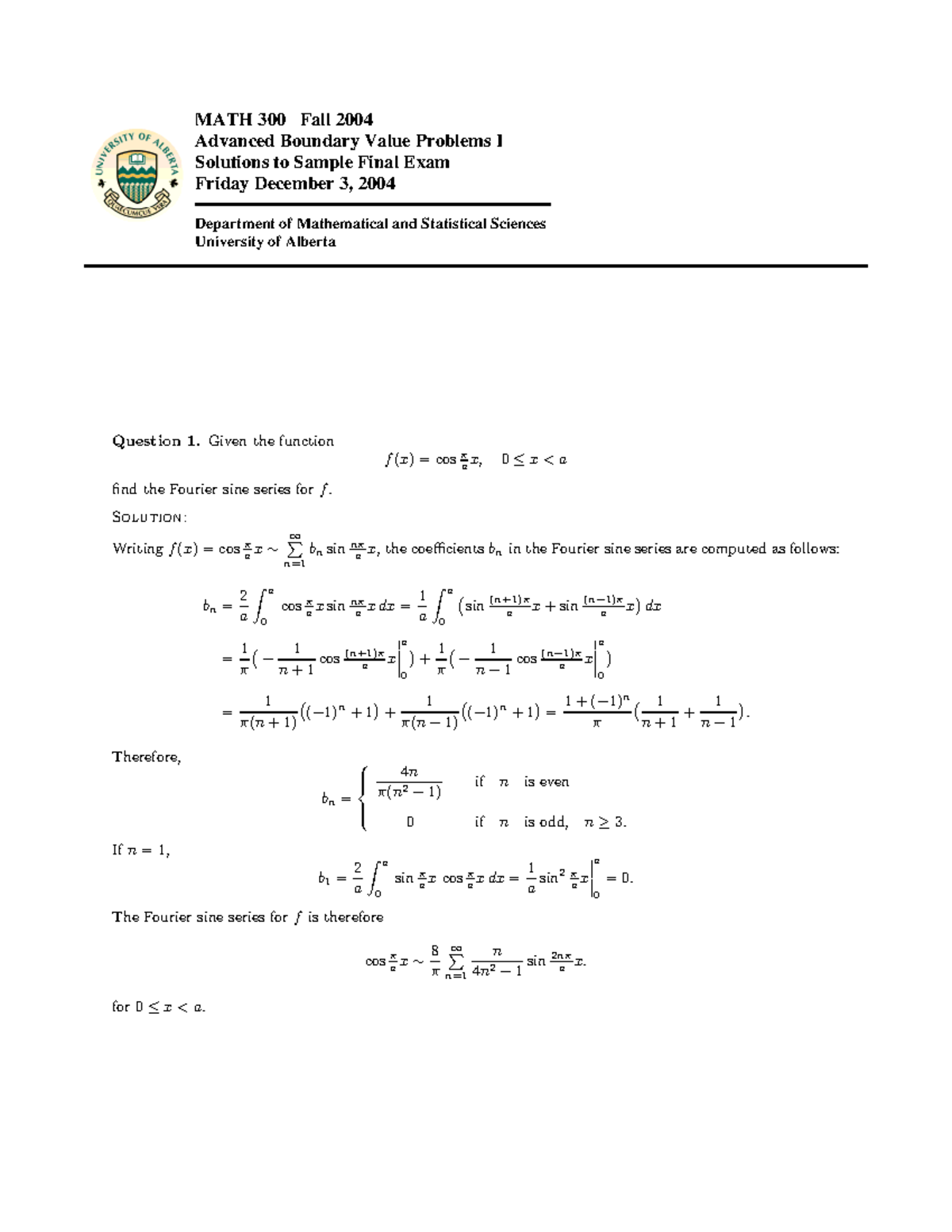 Soln-sampfinal - Soln-sampfinal - MATH 300 Fall 2004 Advanced Boundary ...