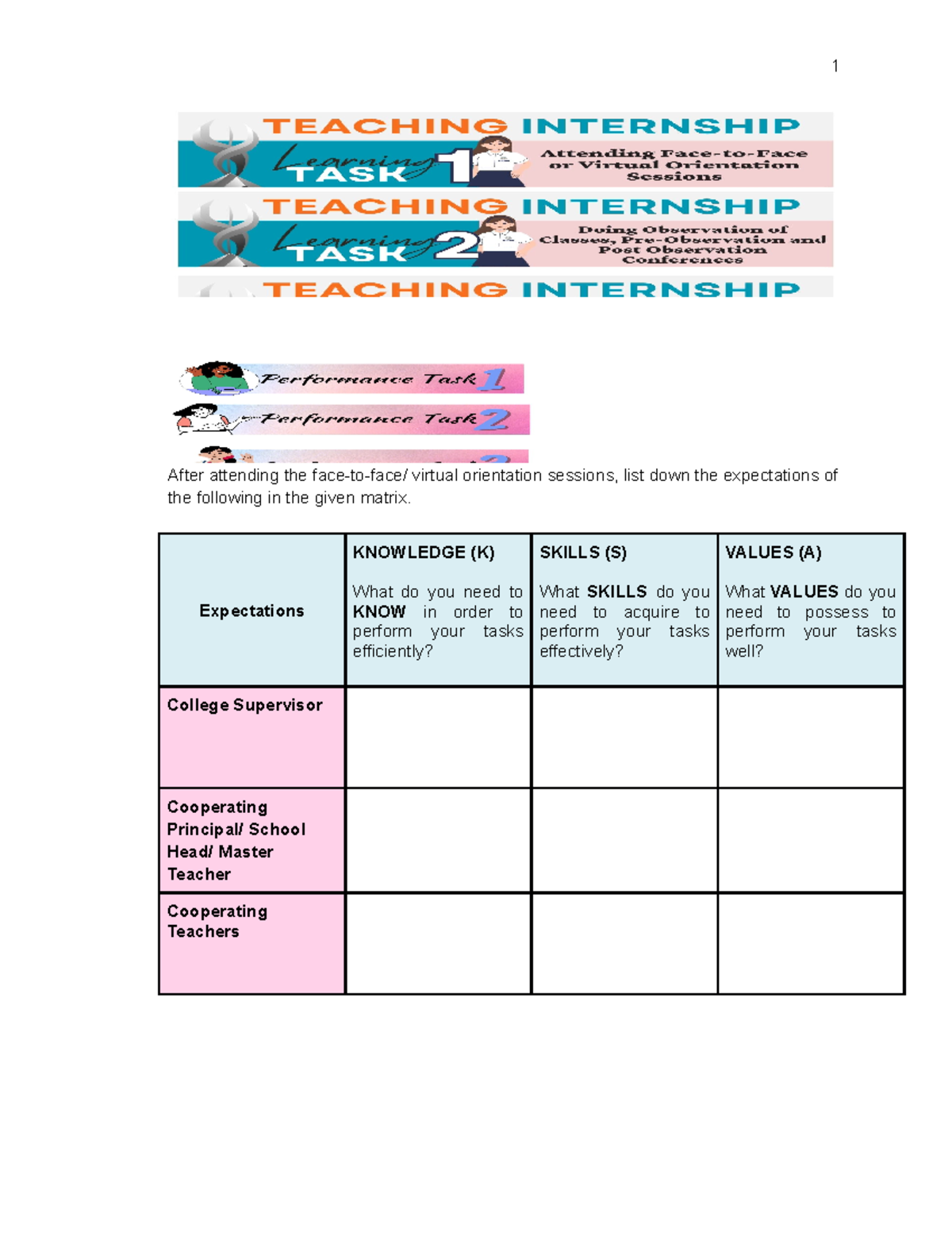Teaching Internship Learning Tasks - After attending the face-to-face/ virtual orientation ...