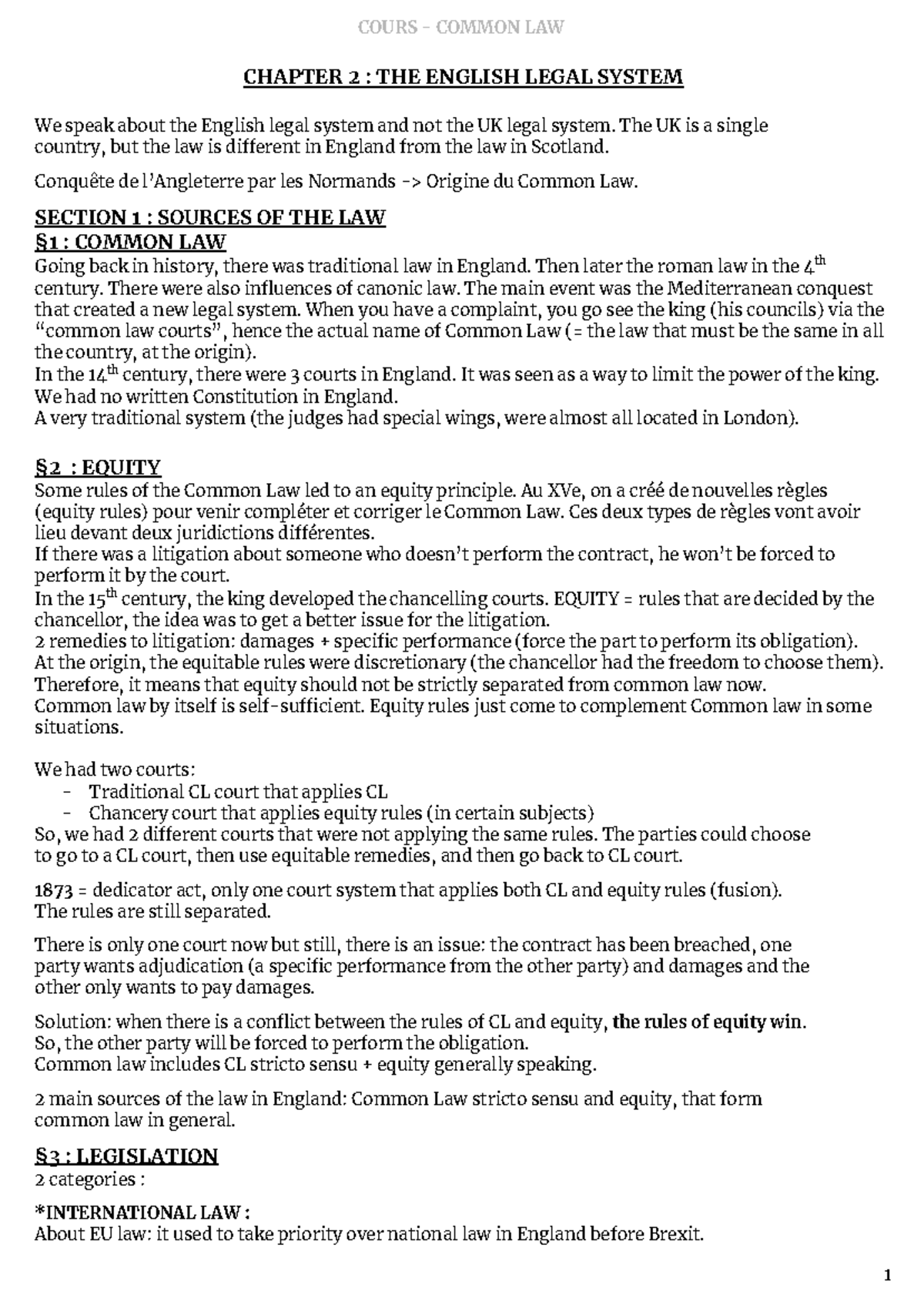 Common law 2 - cours - CHAPTER 2 : THE ENGLISH LEGAL SYSTEM We speak ...