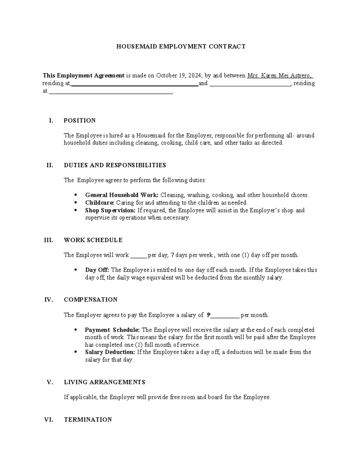 Housemaid Employment Contract - HOUSEMAID EMPLOYMENT CONTRACT This ...