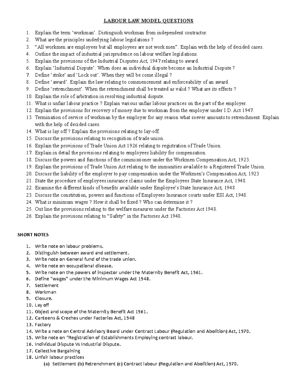 Labour Law1 - model Questions - LABOUR LAW MODEL QUESTIONS Explain the ...